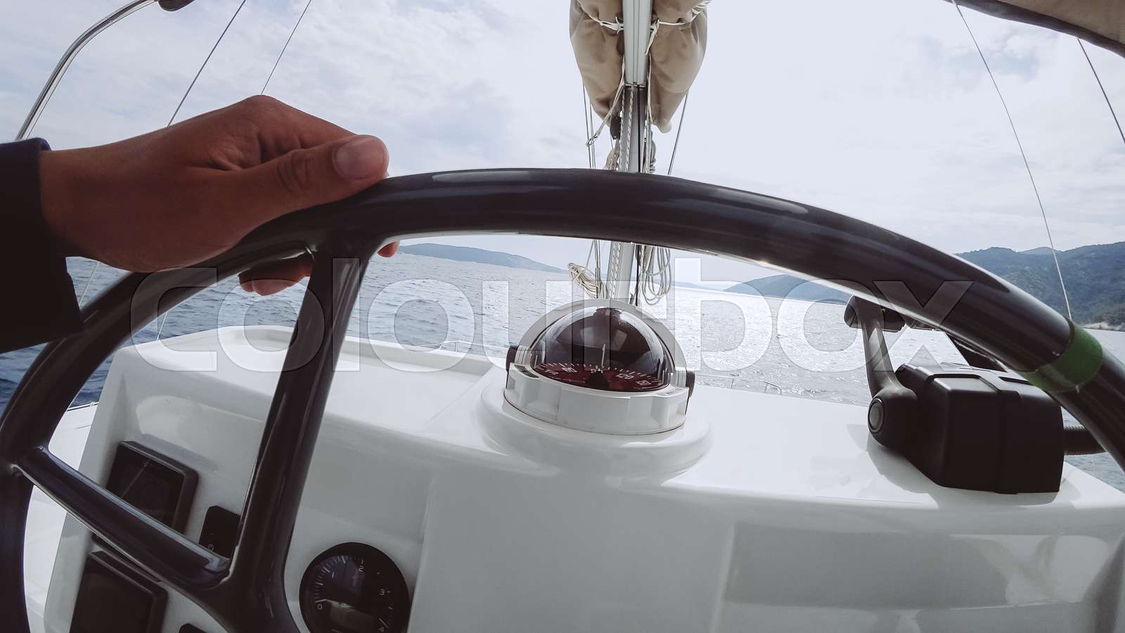 Ship control panel with steering wheel on the captain bridge | Stock ...