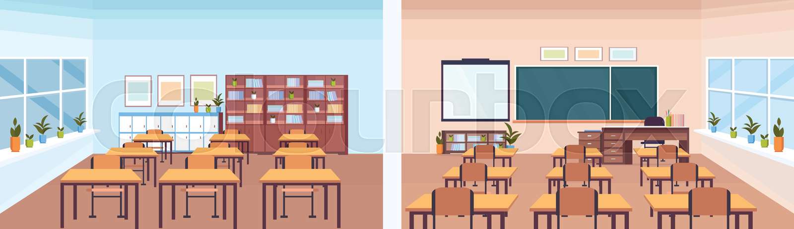 back and front view modern school classroom interior chalk board ...