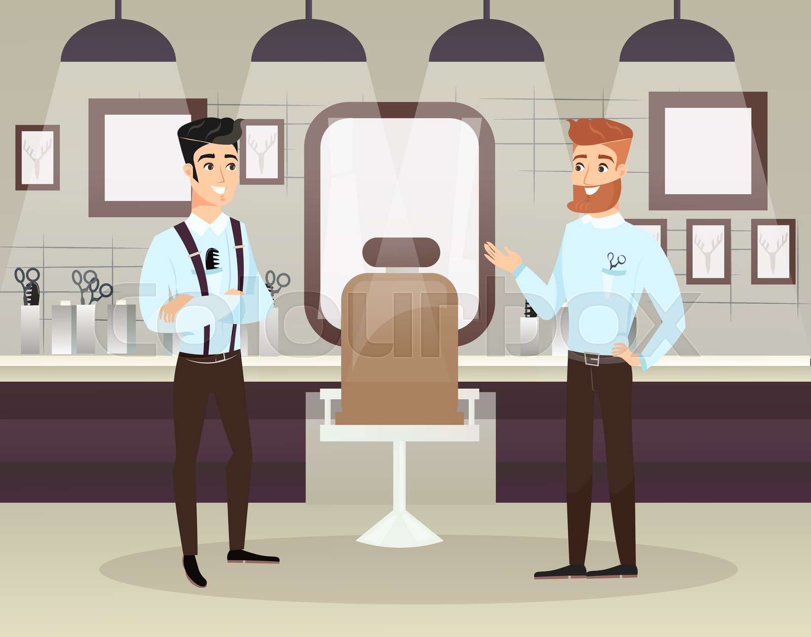 Vector illustration of two bearded barbers doing male clients haircut ...