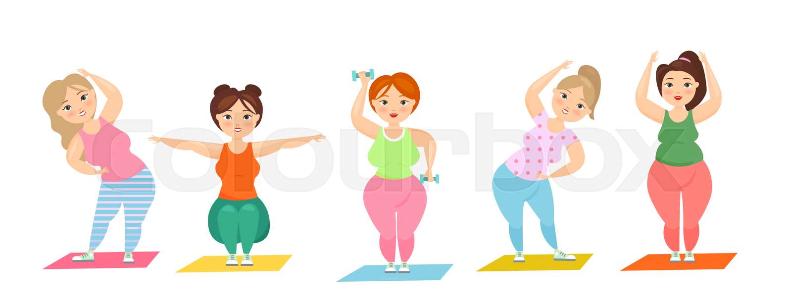 Vector illustration set of cute overweight ladies doing sports, plus ...