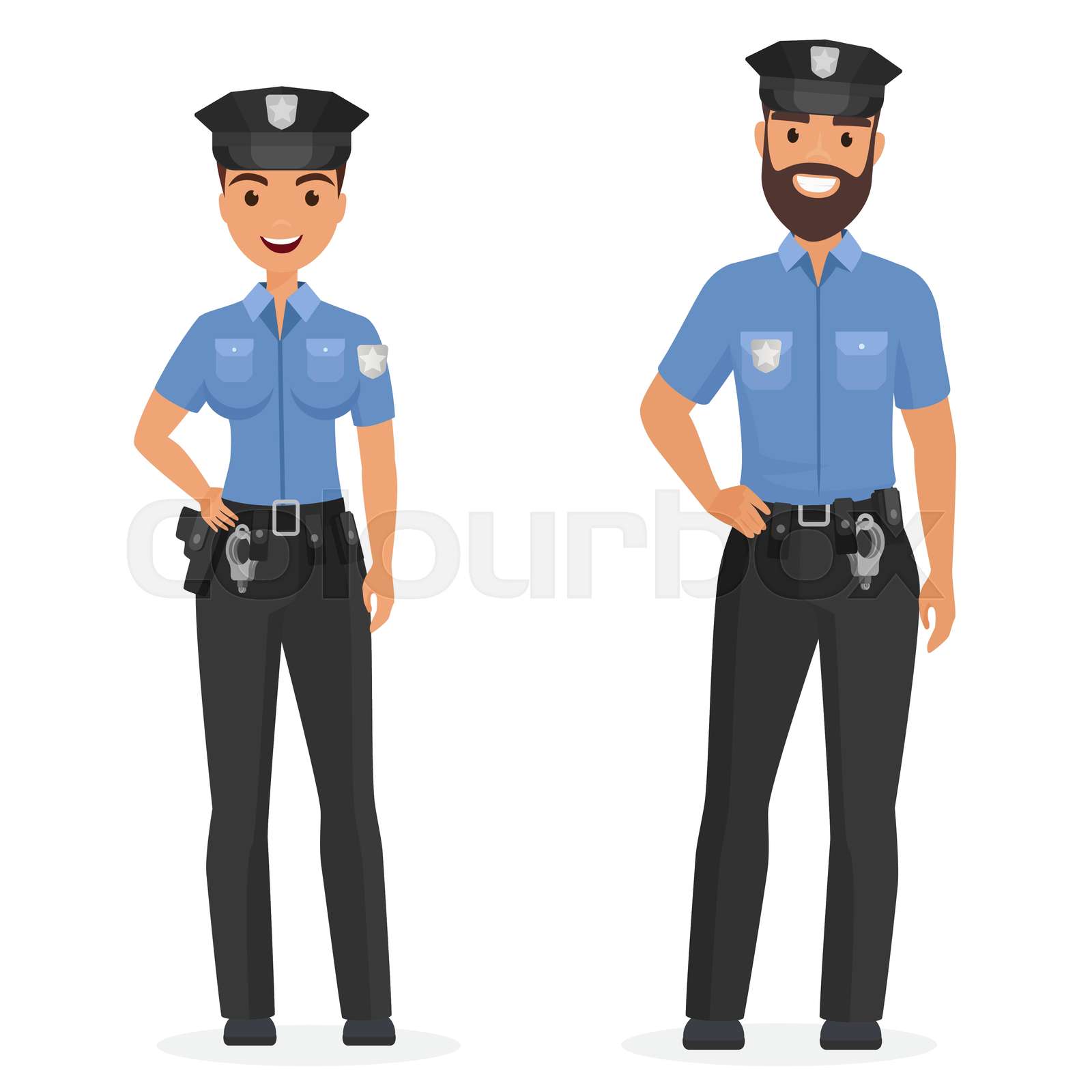 Two young happy police officers, man and woman isolated cartoon vector ...