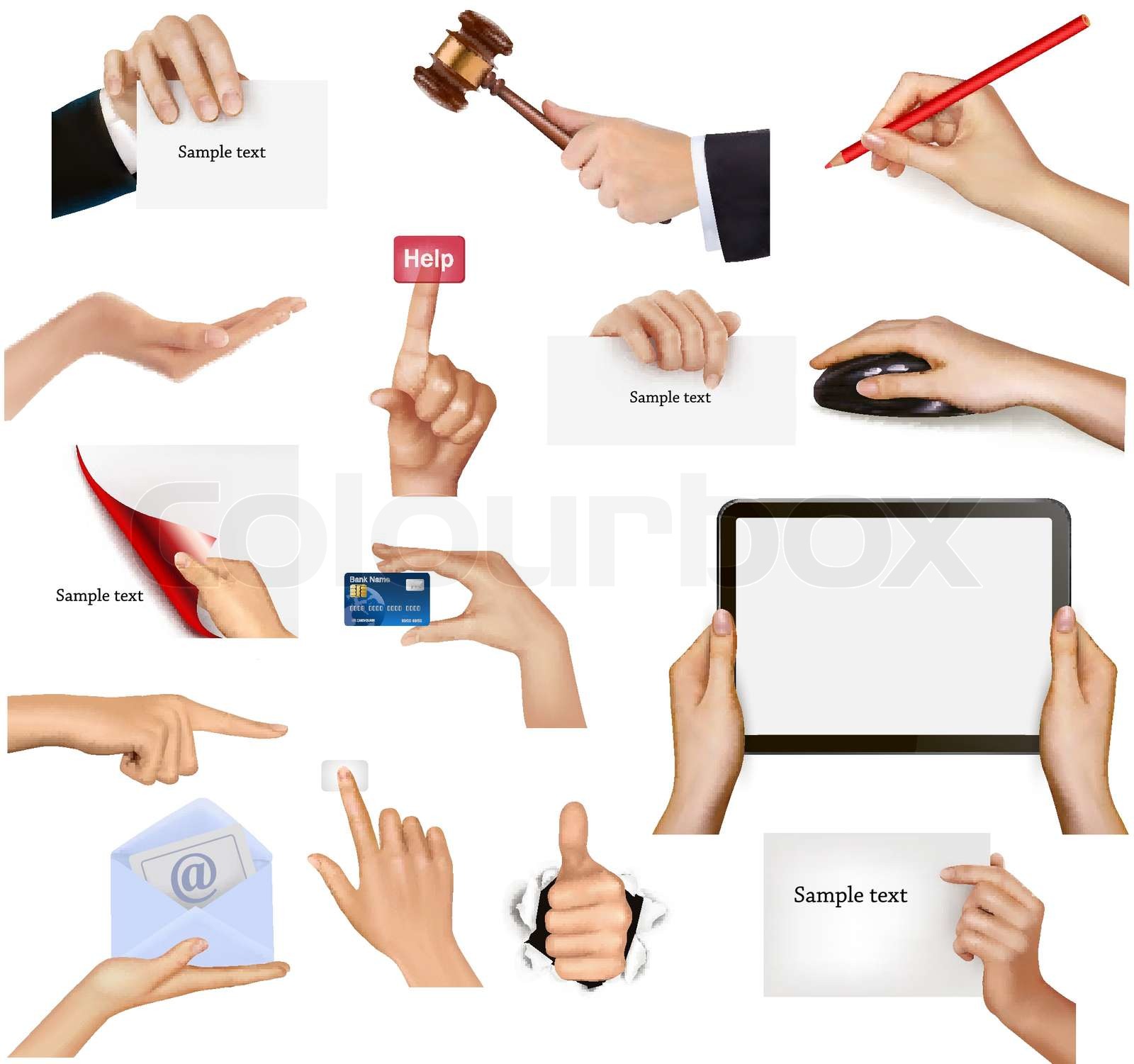 Set of hands holding different business objects. Vector illustration ...