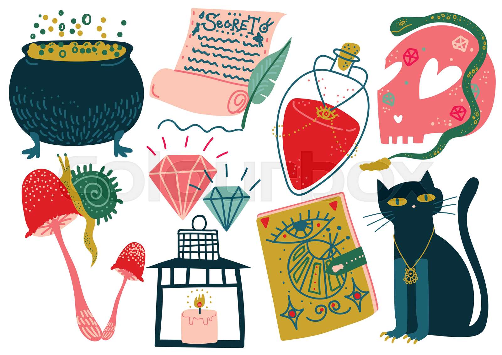 Magic Objects Set, Witch Mystery Symbols , Magic Show Equipment Vector ...