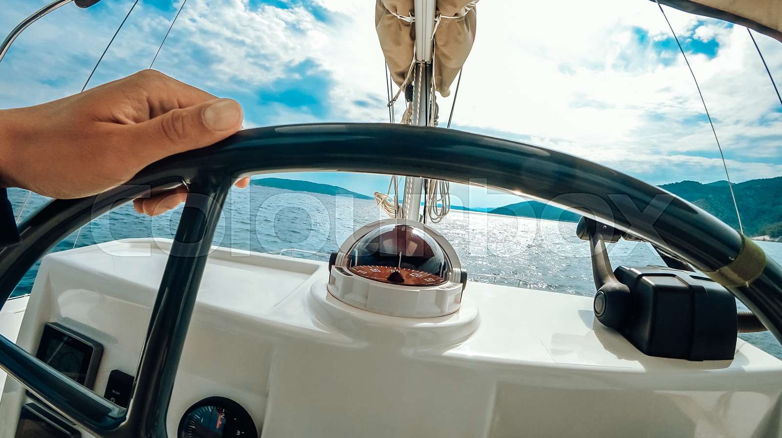 Ship control panel with steering wheel on the captain bridge | Stock ...