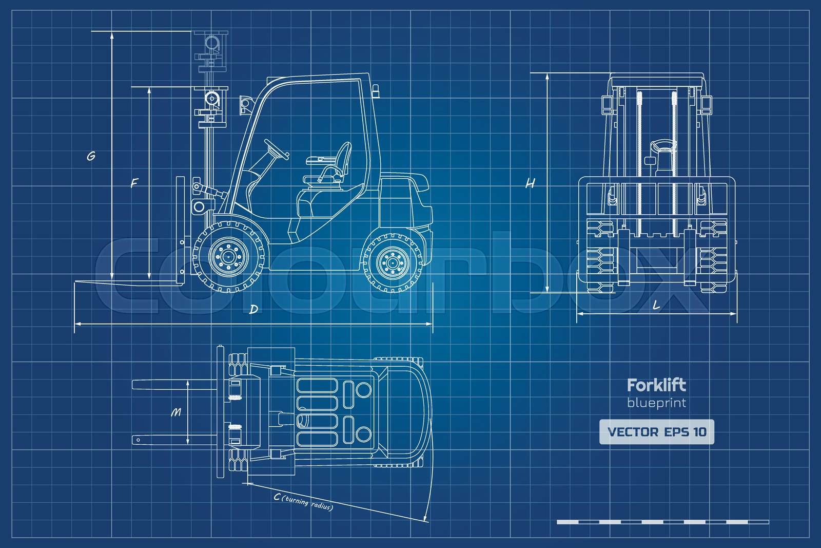 Outline blueprint of forklift. Top, side and front view. Hydraulic ...