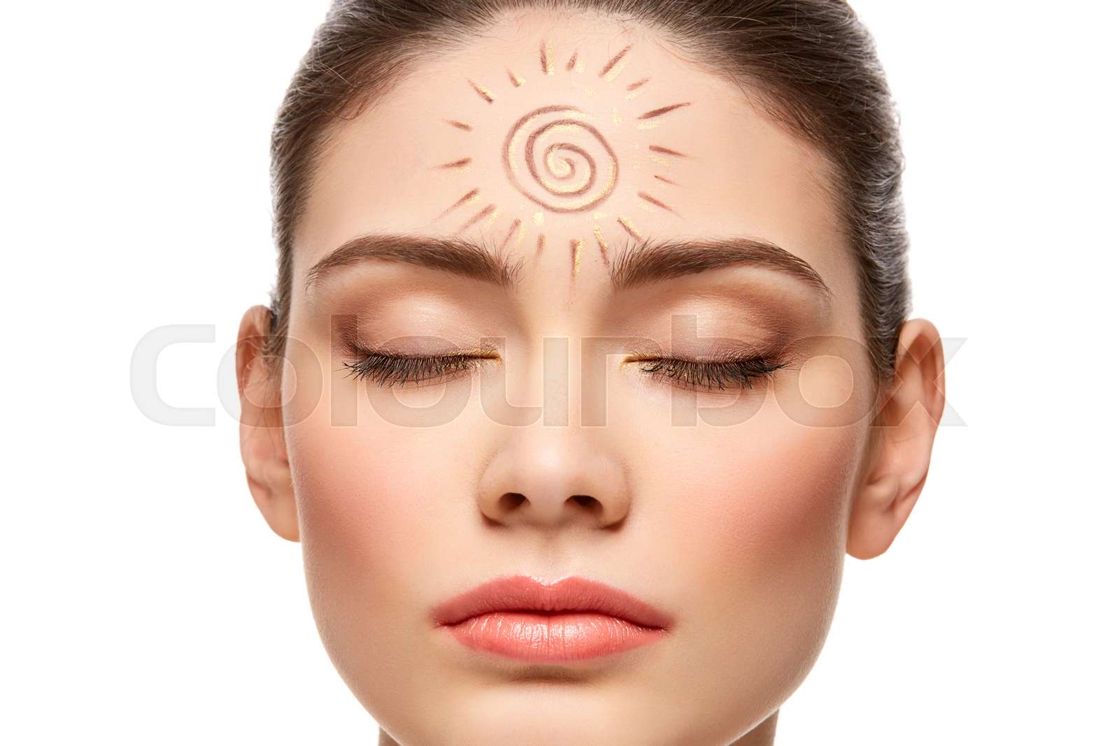 girl with sun drawing on forehead isolated on white | Stock image ...