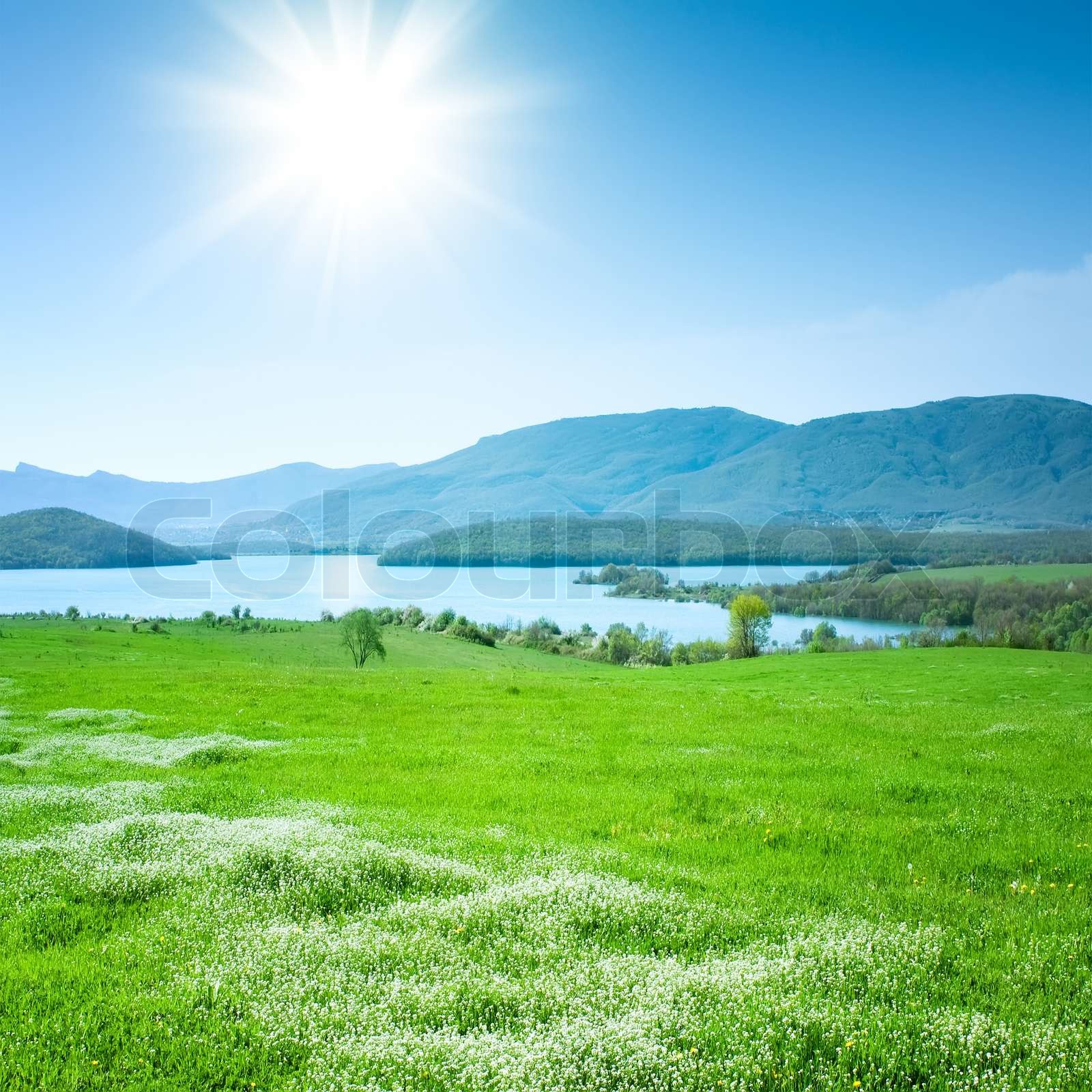 Spring mountain landscape with a lake and meadow | Stock image | Colourbox