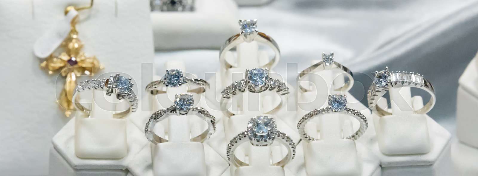 Jewelry diamond rings show in luxury retail store window display ...