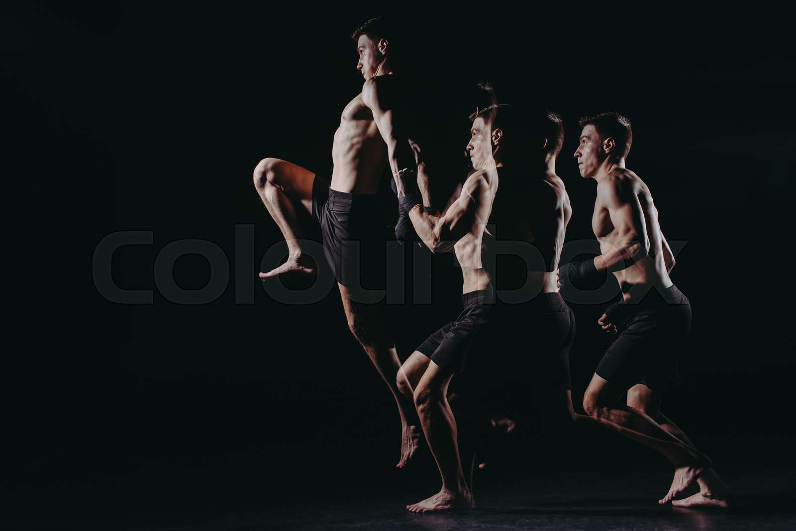 multiple exposure of strong barefoot muscular mma fighter jumping high ...