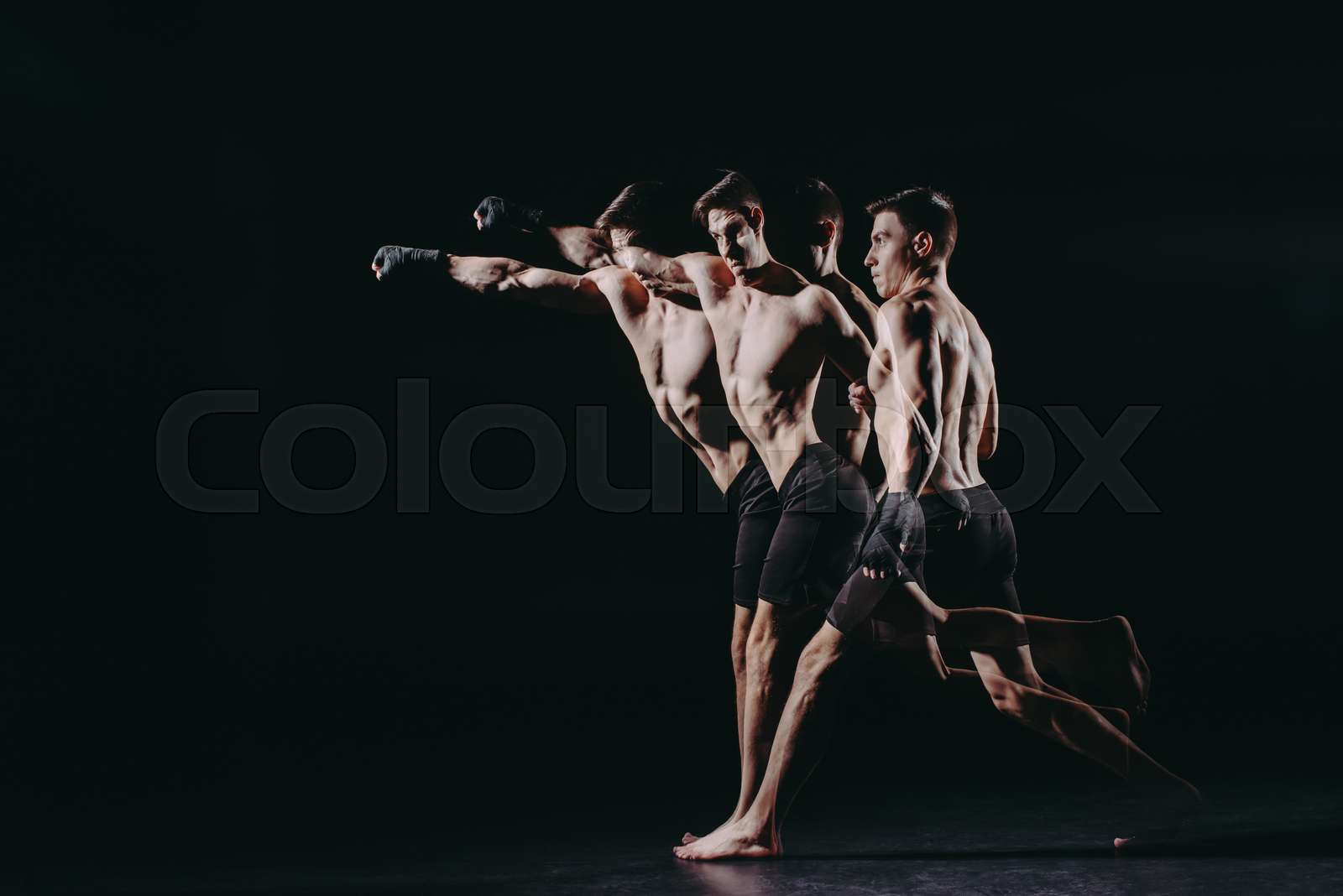 multiple exposure of strong barefoot muscular mma fighter doing punch ...