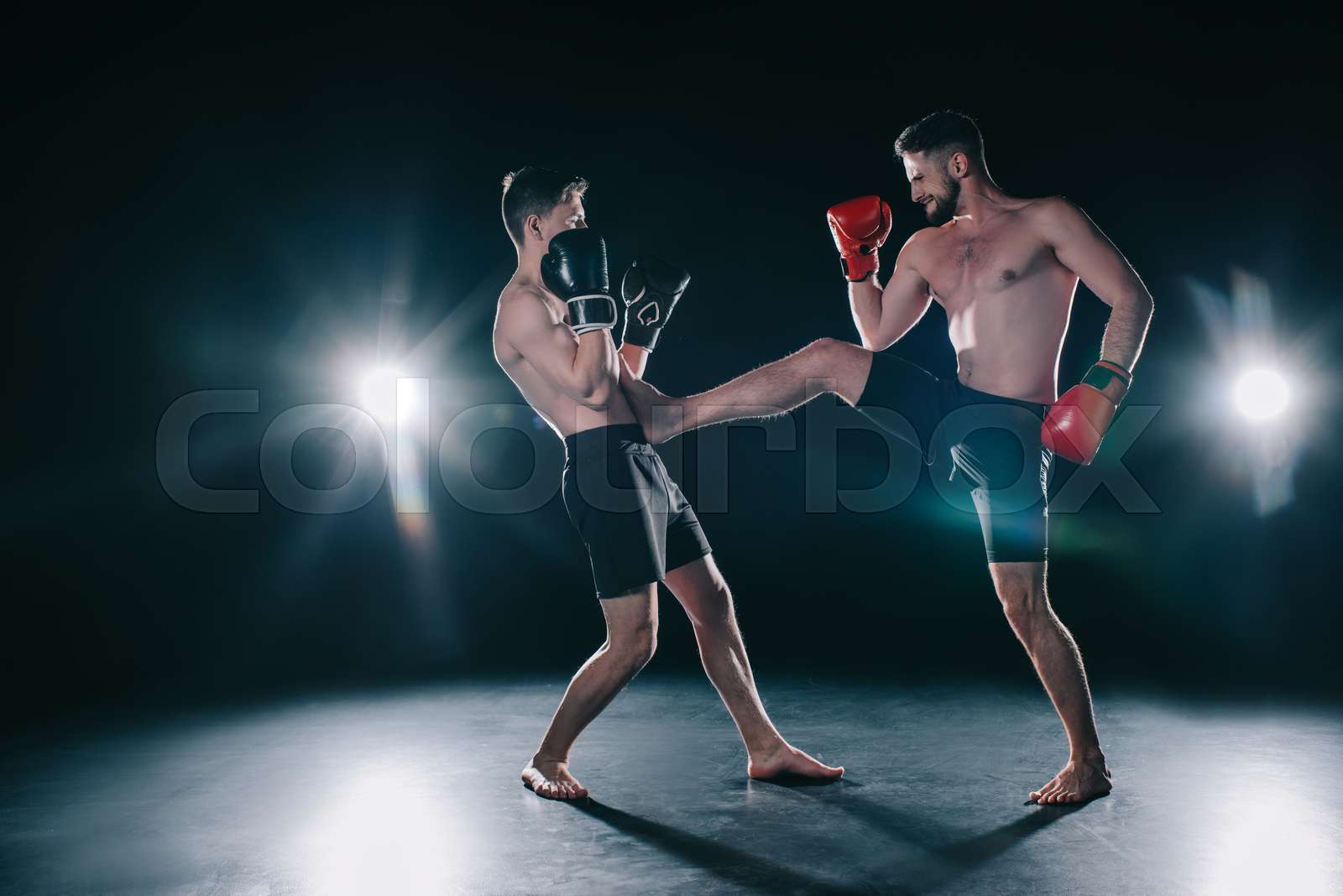 shirtless muscular mma fighter in boxing gloves kicking another in ...