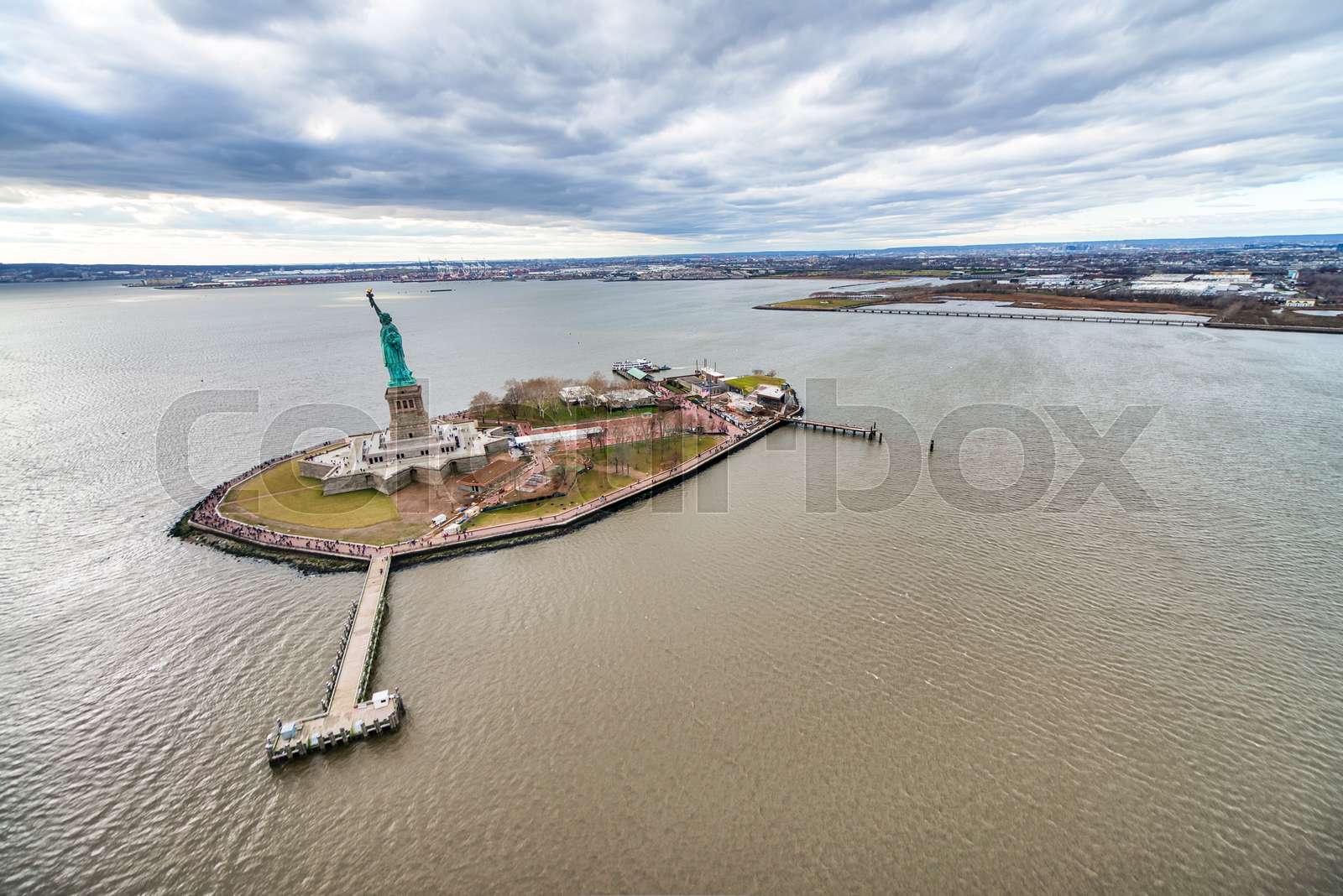 Wide angle aerial view of Liberty Island and Statue of Liberty, New ...