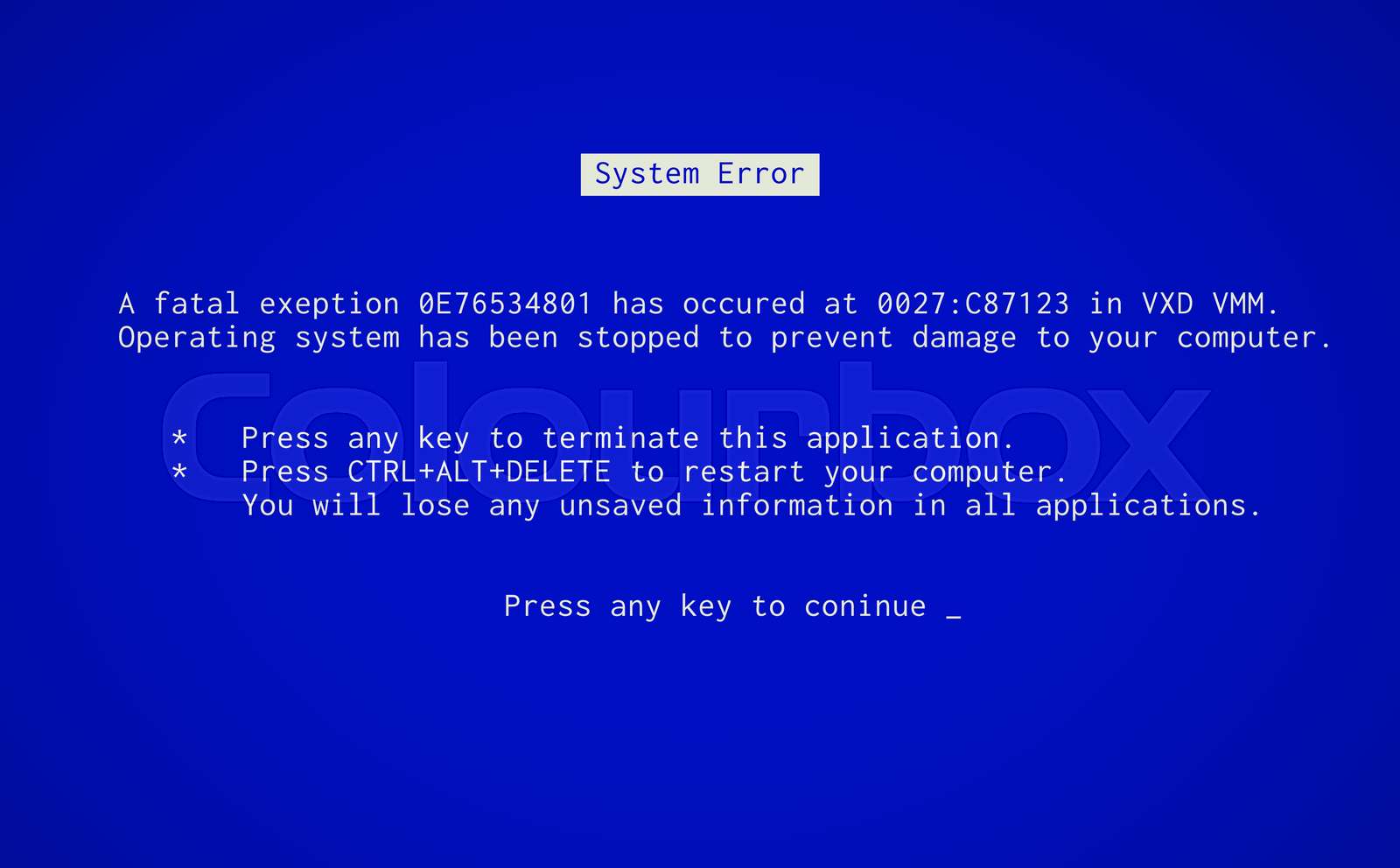 Blue Screen of Death. Operating system crash error message. BSOD malfunction report. | Stock ...
