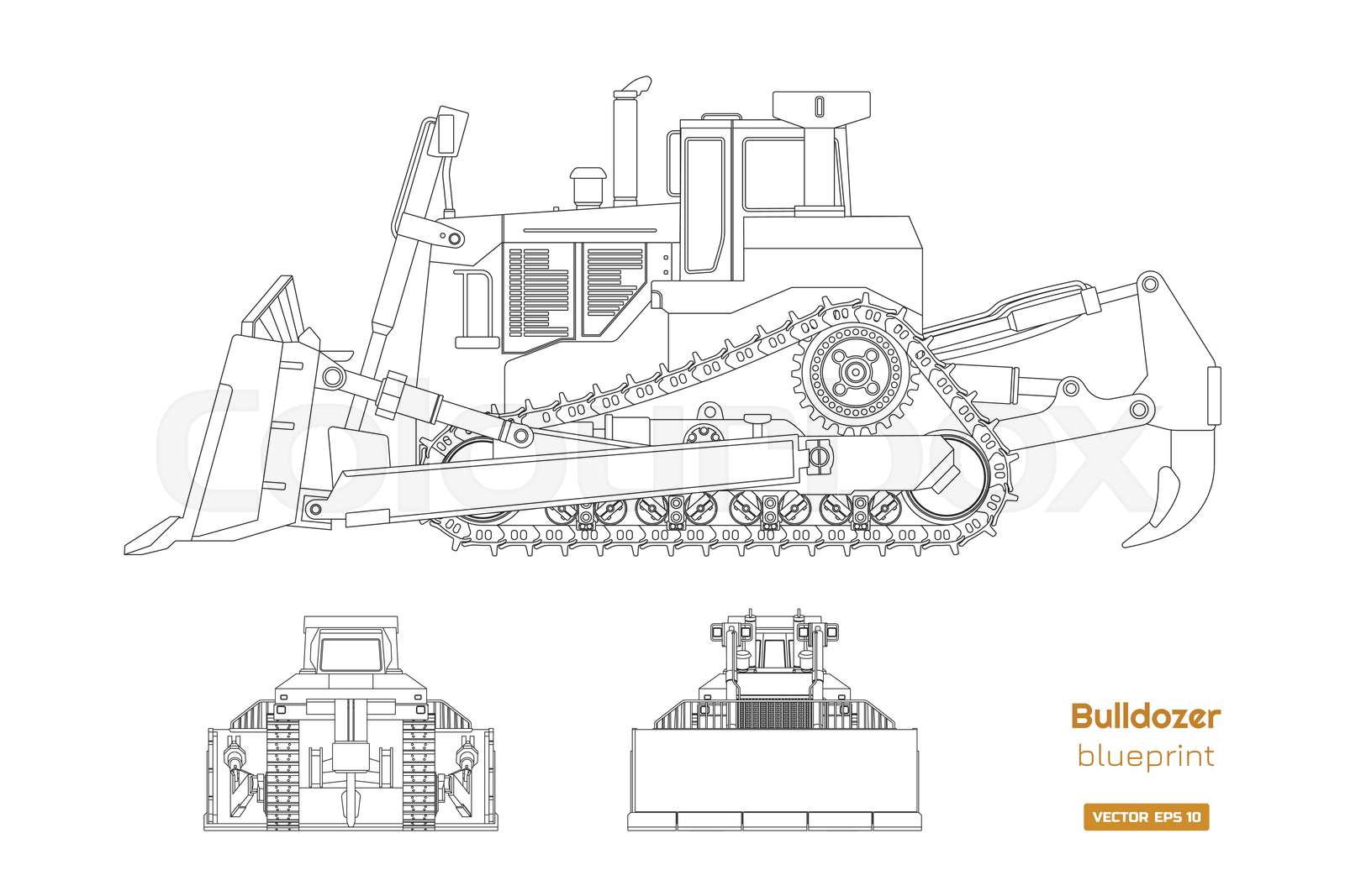 Bulldozer in outline style. Front, side and back view of digger ...
