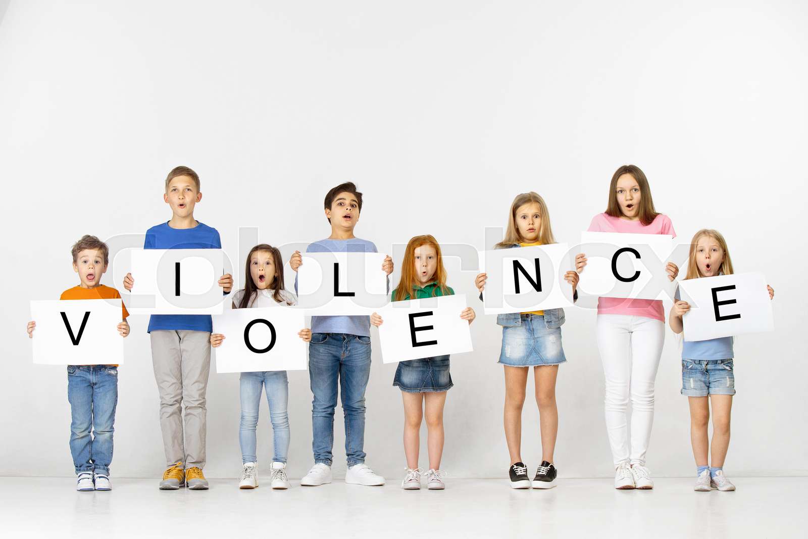 Violence. Group of children with a banners isolated in white | Stock ...