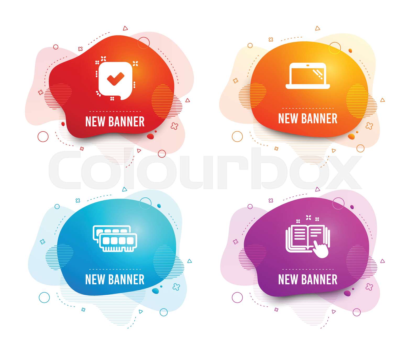 Ram, Laptop and Confirmed icons. Technical documentation sign. Vector | Stock vector | Colourbox
