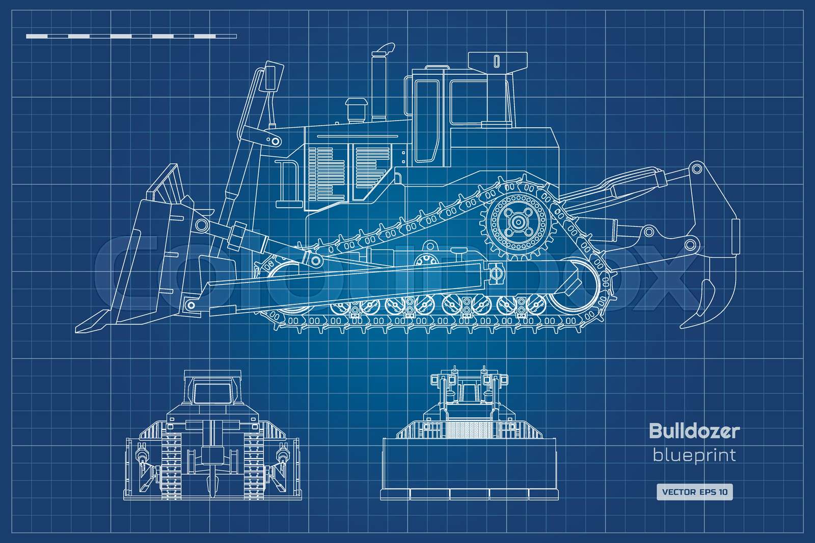 Bulldozer in outline style. Front, side and back view of digger ...