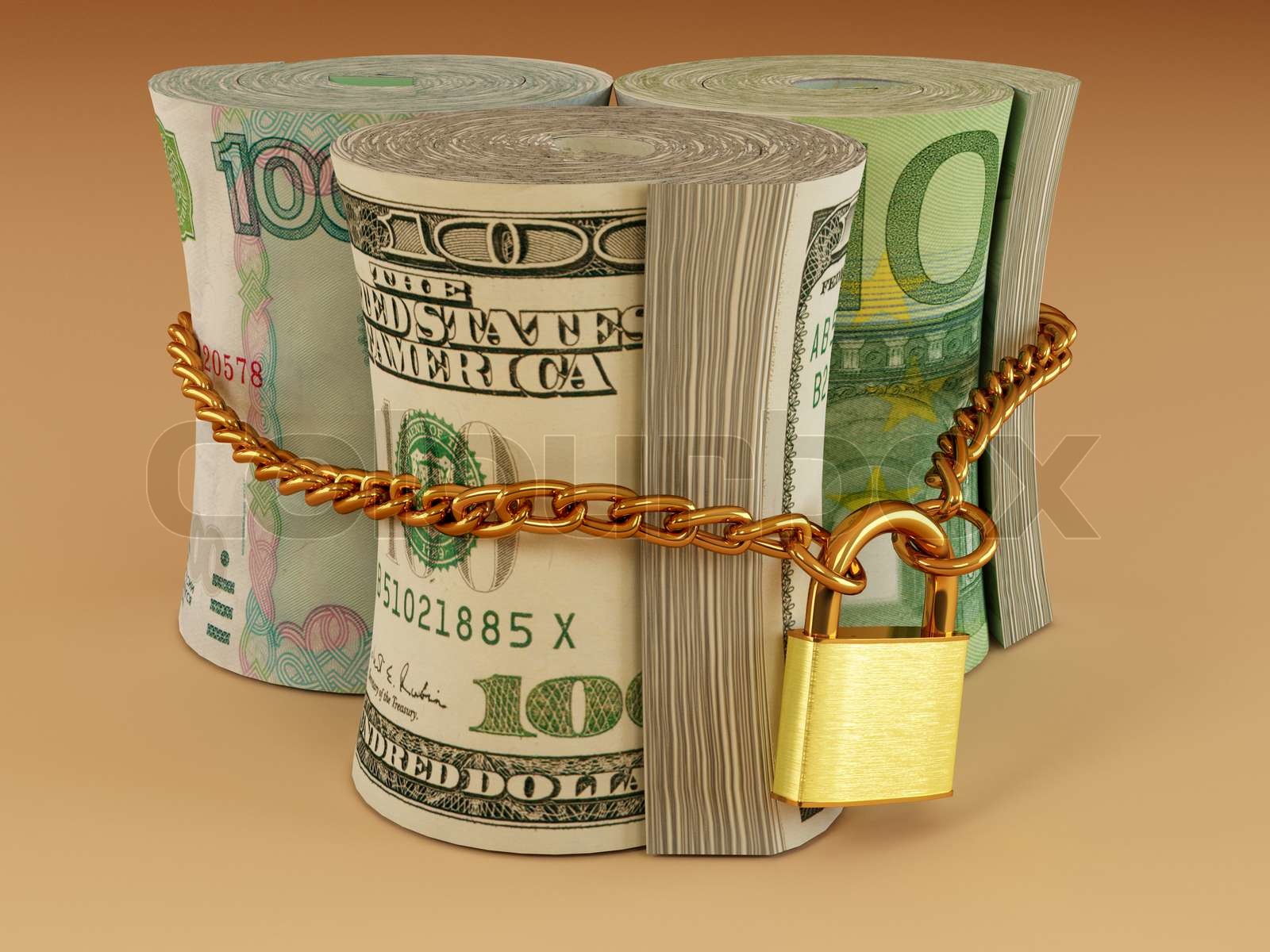 Dollar, euro , rubler på lås | Stock foto | Colourbox