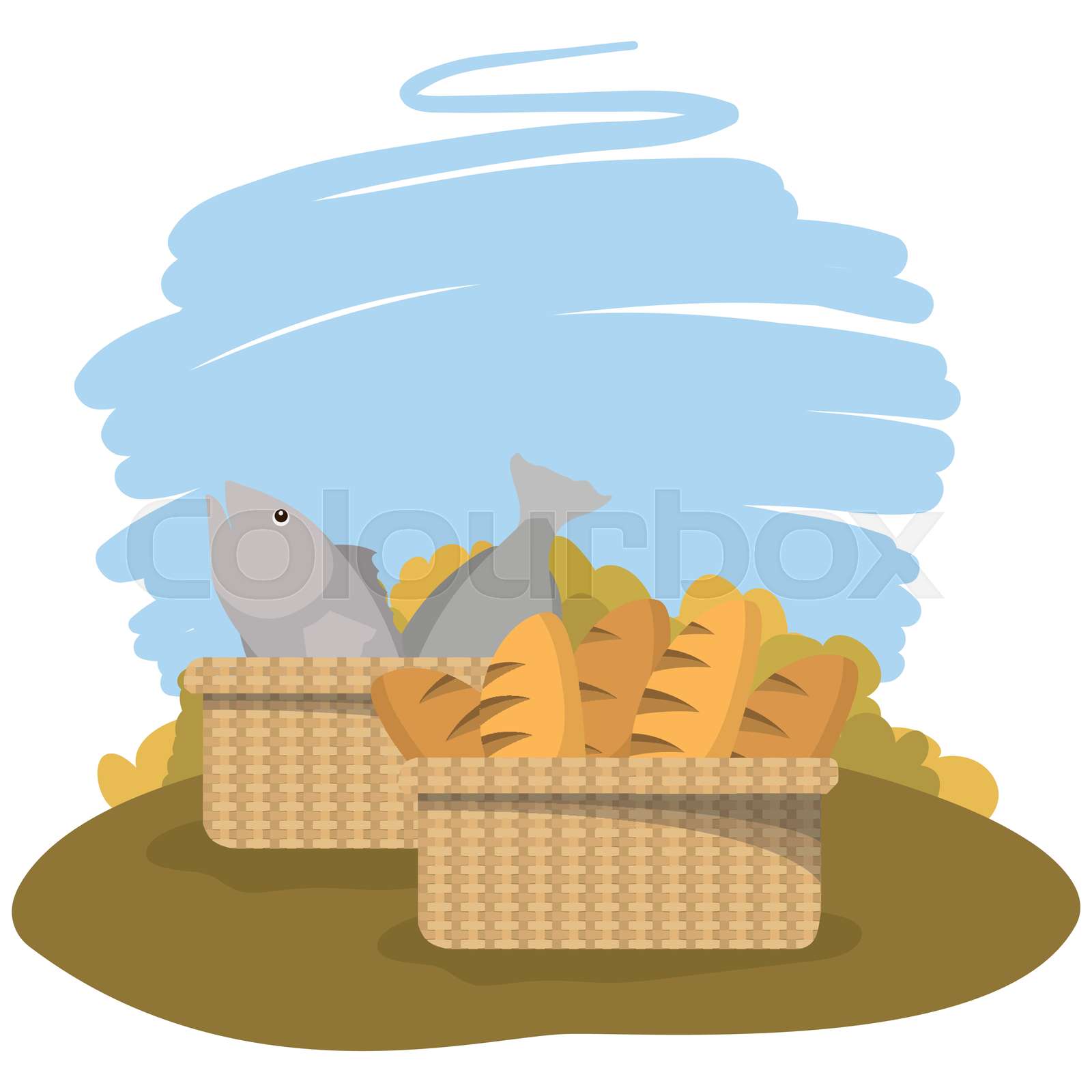baskets with fish and bread | Stock vector | Colourbox