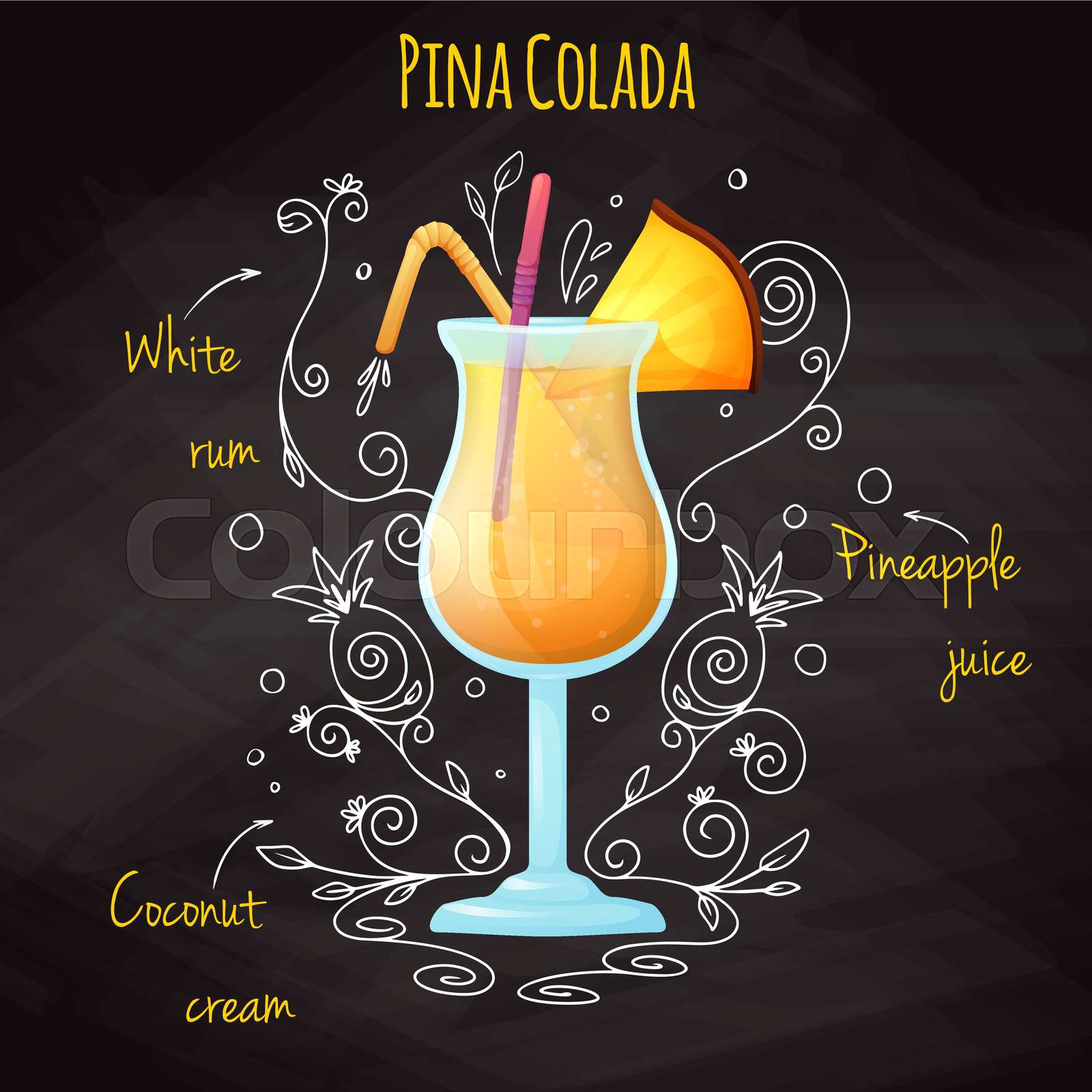Simple recipe for an alcoholic cocktail Pina Colada. Drawing chalk on a ...