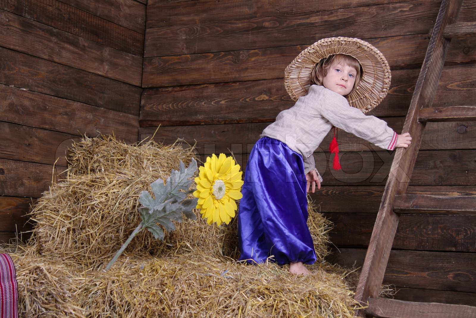 cute child in traditional eastern european clothes on hayloft | Stock ...