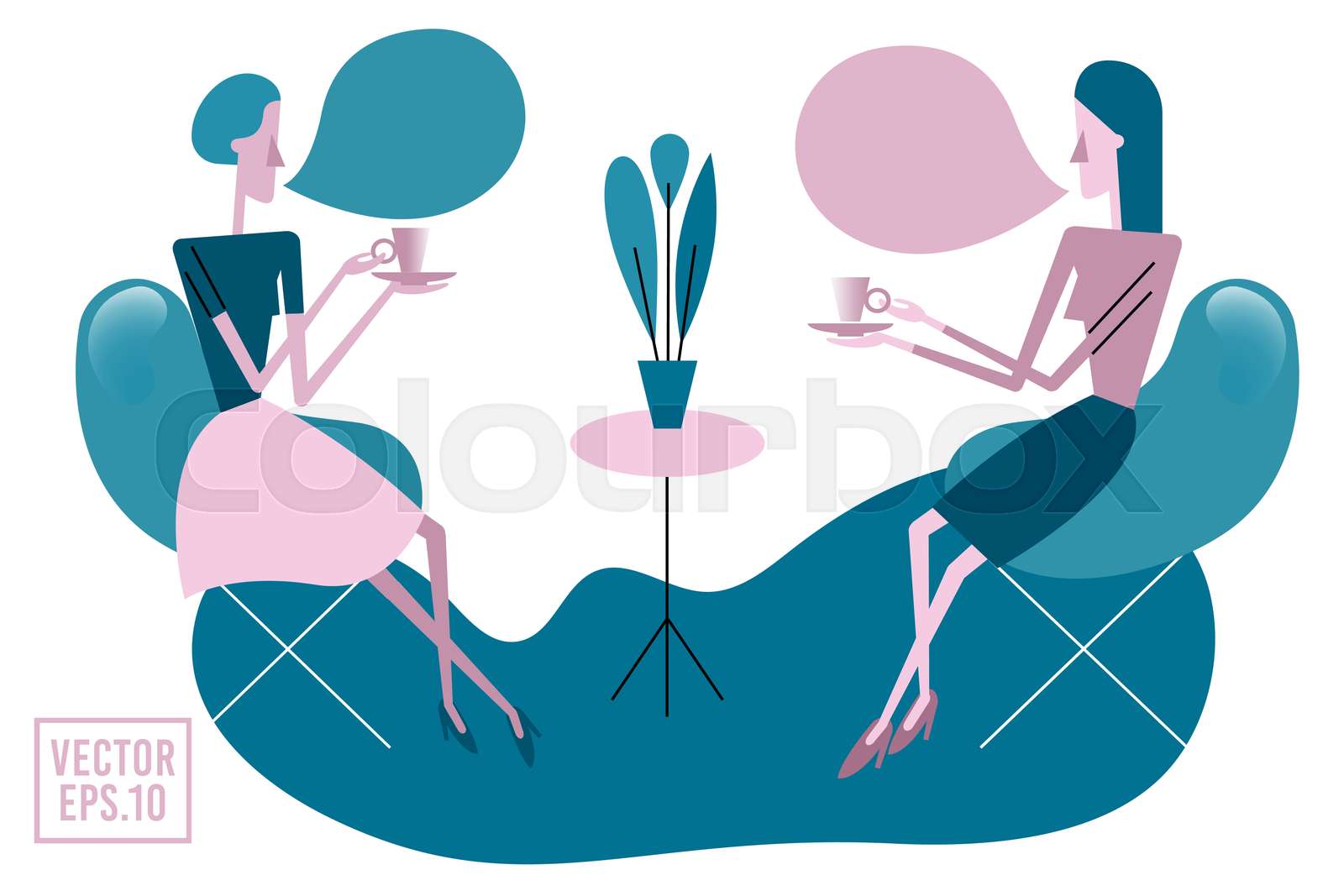 Two young women sitting at table, drinking tea or coffee and talking to ...