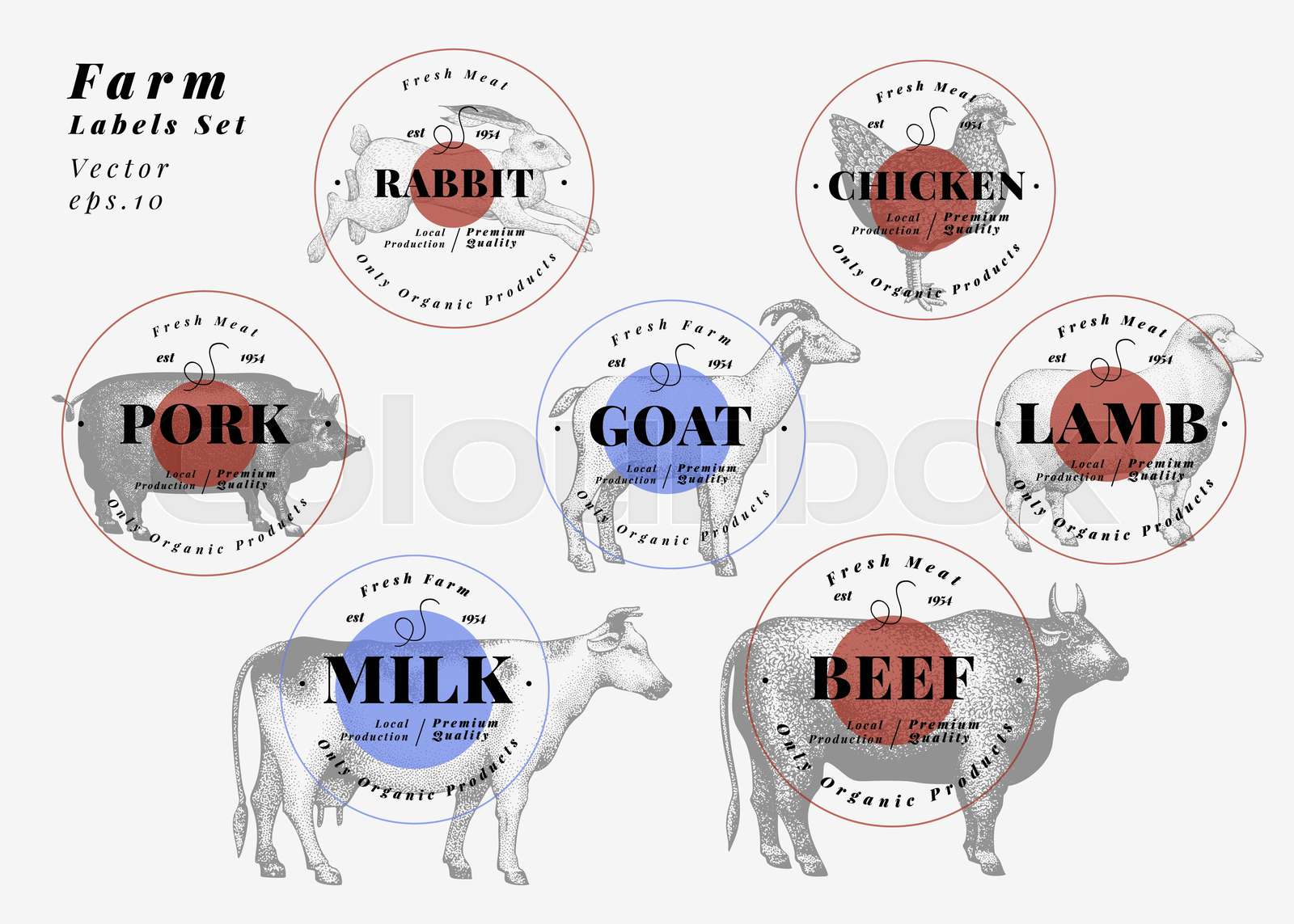 Labels with farm animals. Hand drawn animals set templates. Vector ...