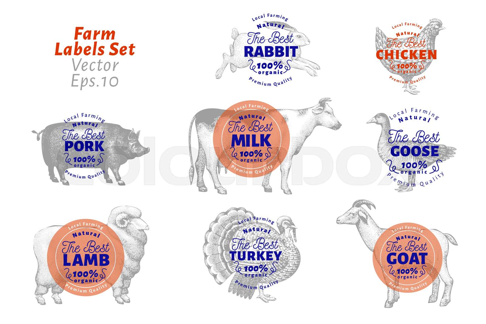 Labels with farm animals. Hand drawn animals set templates. Vector ...