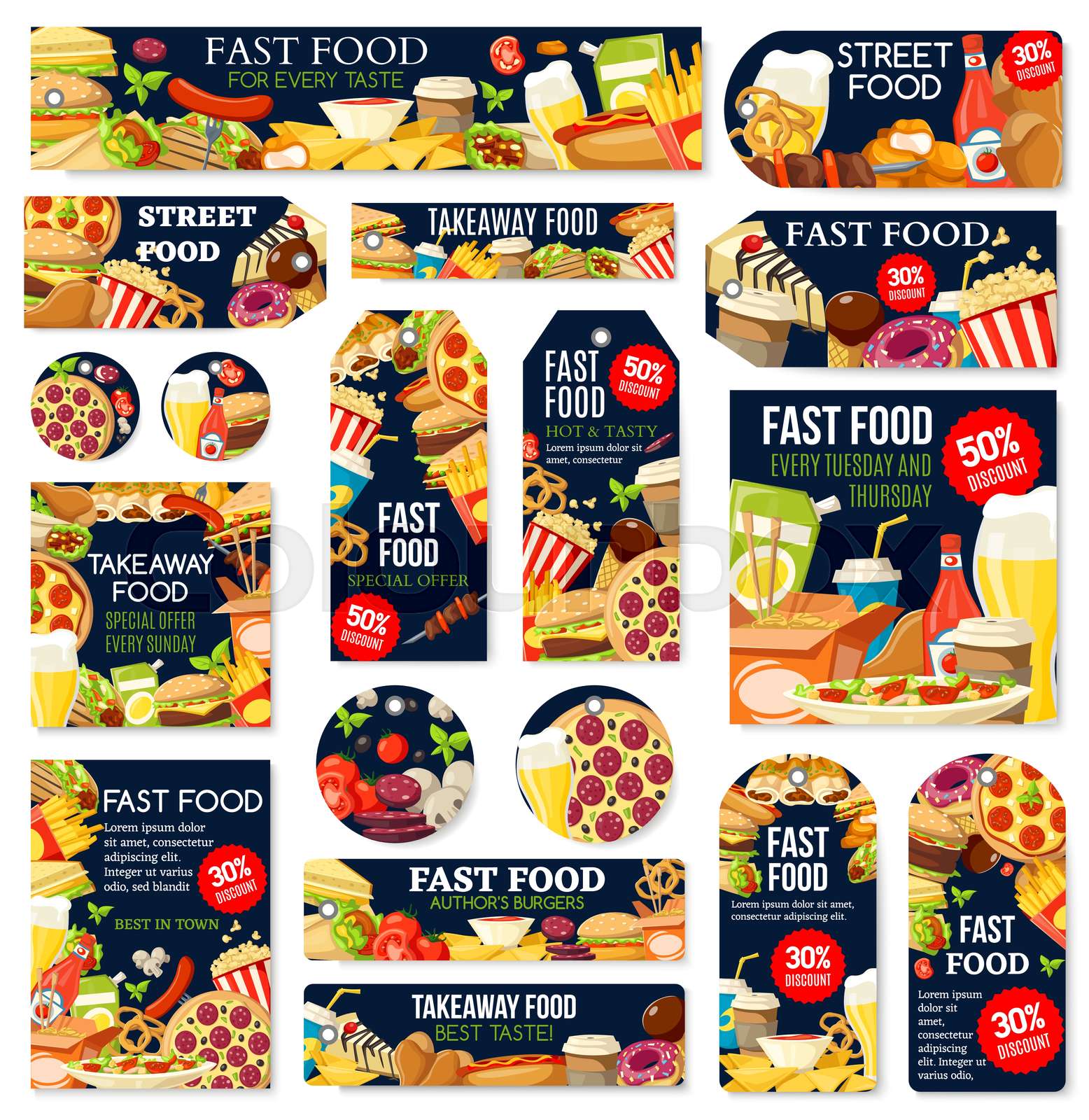 Fast food junk meal and drink labels and tags | Stock vector | Colourbox