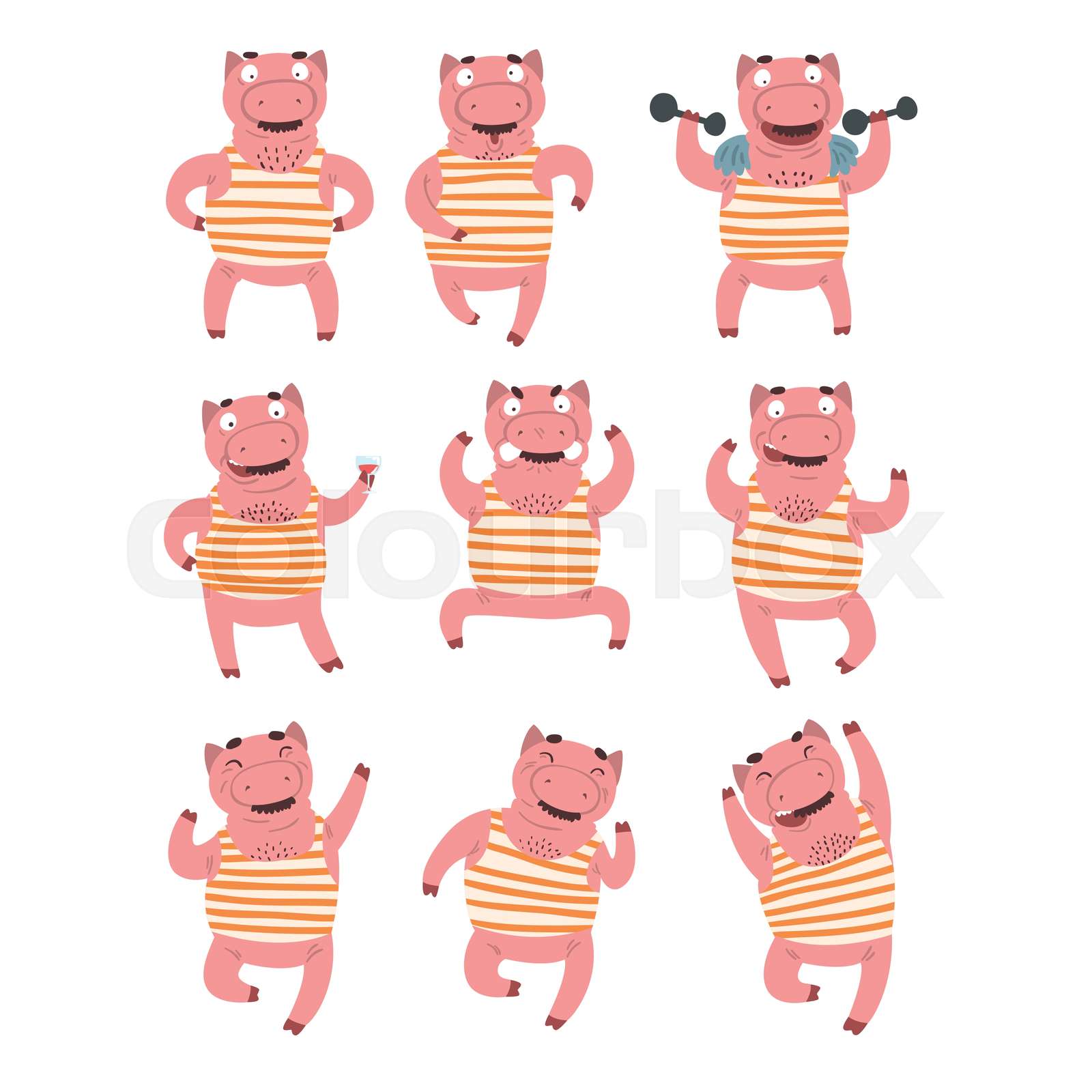 Flat vector set of pink humanized pig in different actions. Domestic ...