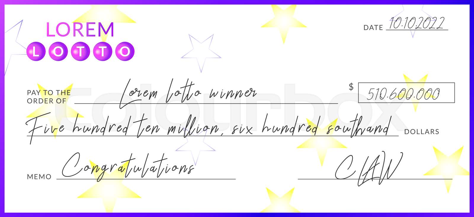 Winning lottery check. Filled lotto ticket and congratulations. | Stock ...