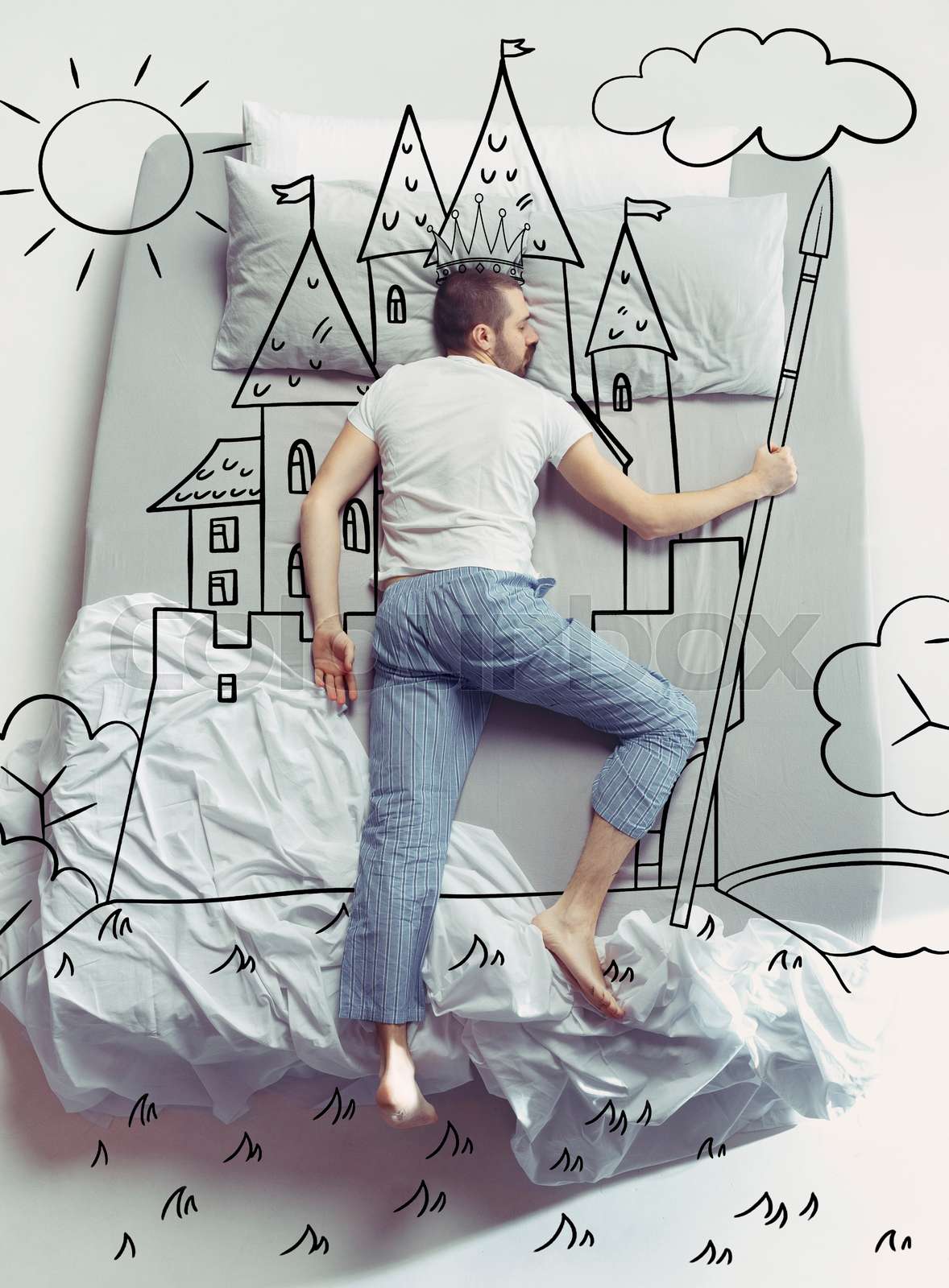 Top view photo of young man sleeping in a big white bed and his dreams ...