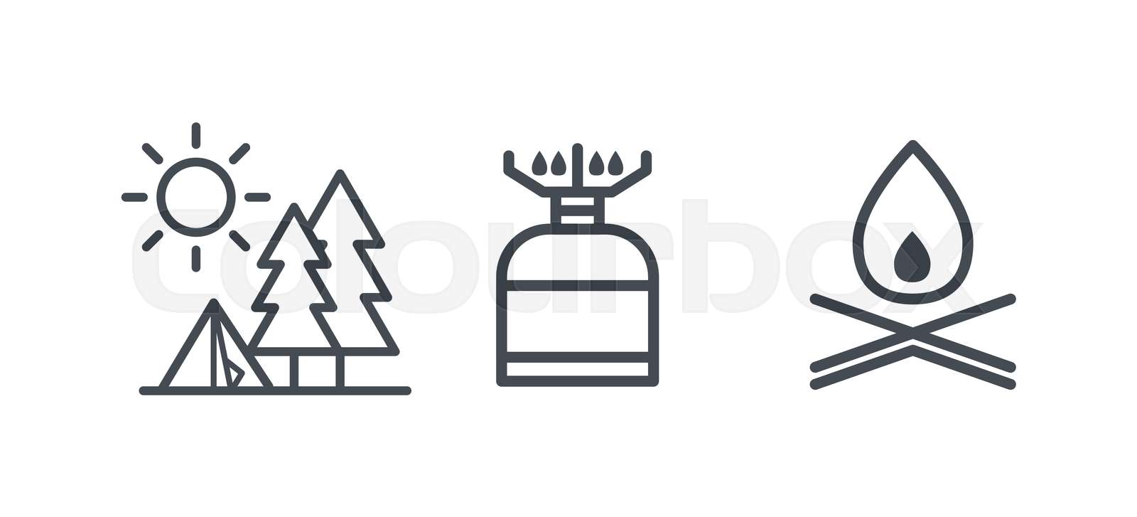 Recreation and camping icons, outdoor activity and hiking outline ...