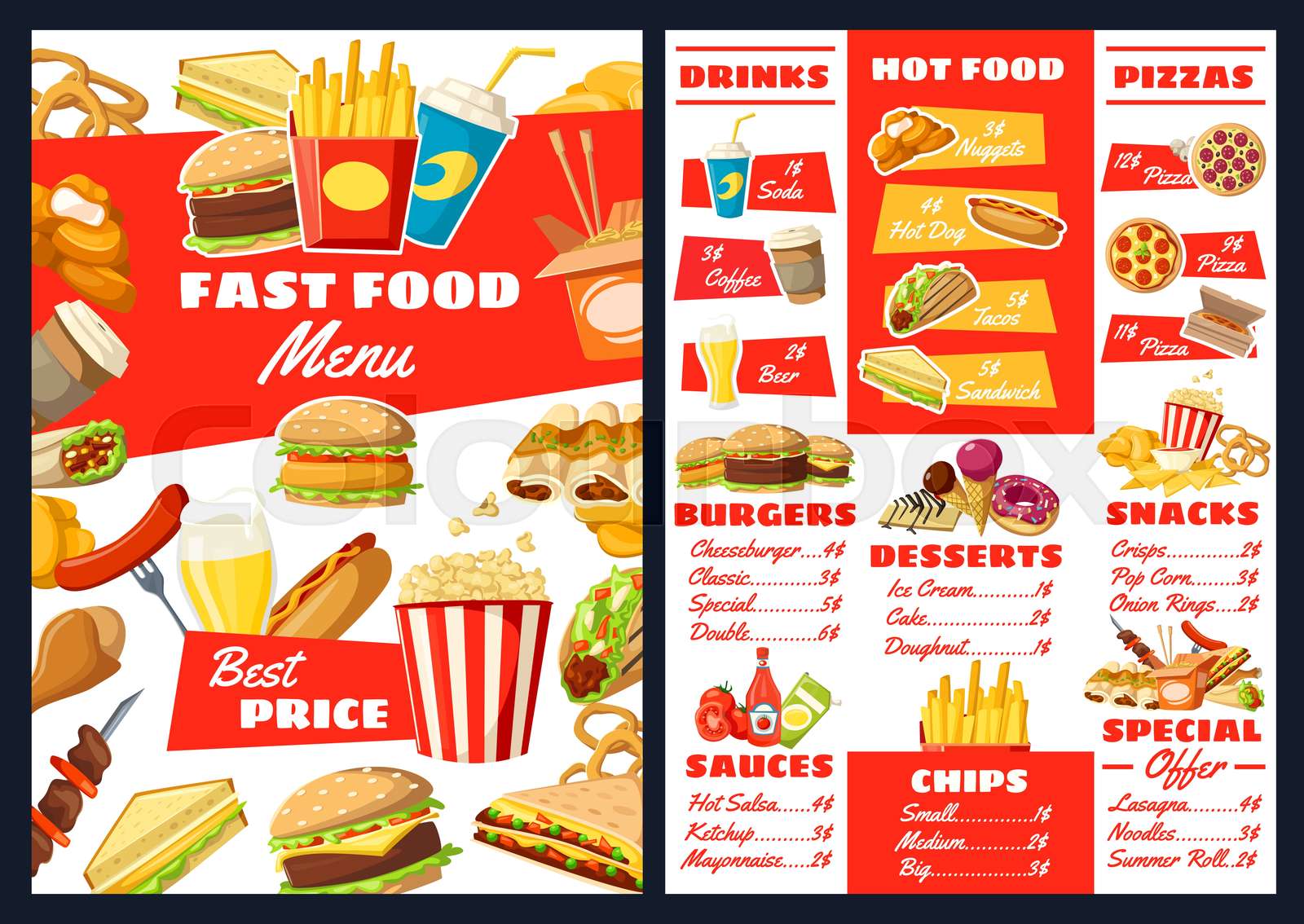 Fast food burgers, snacks and desserts menu | Stock vector | Colourbox