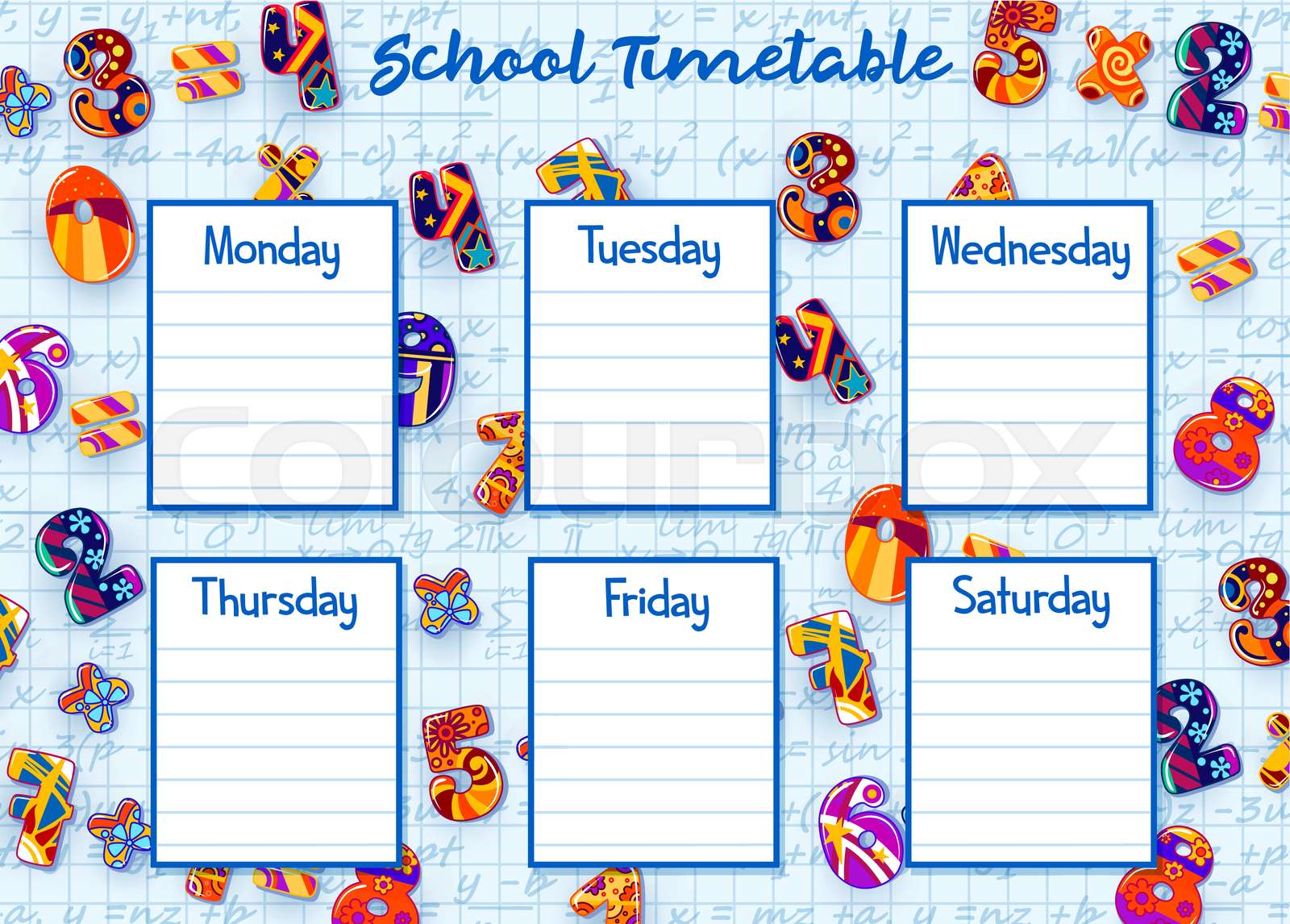 School timetable, weekly schedule with numbers | Stock vector | Colourbox