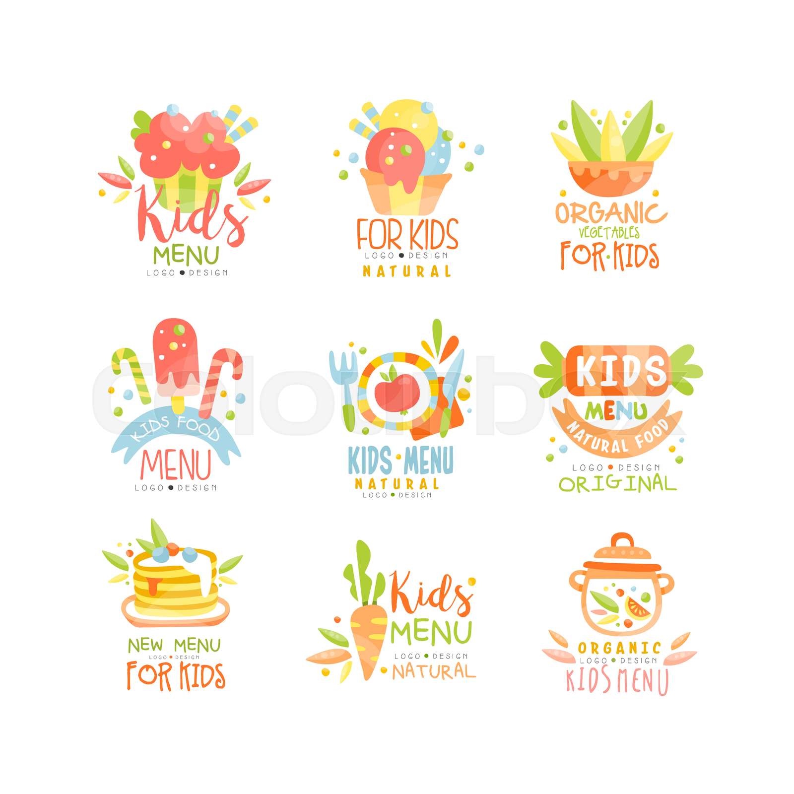 Kids menu logo design set, healthy organic food creative templates ...