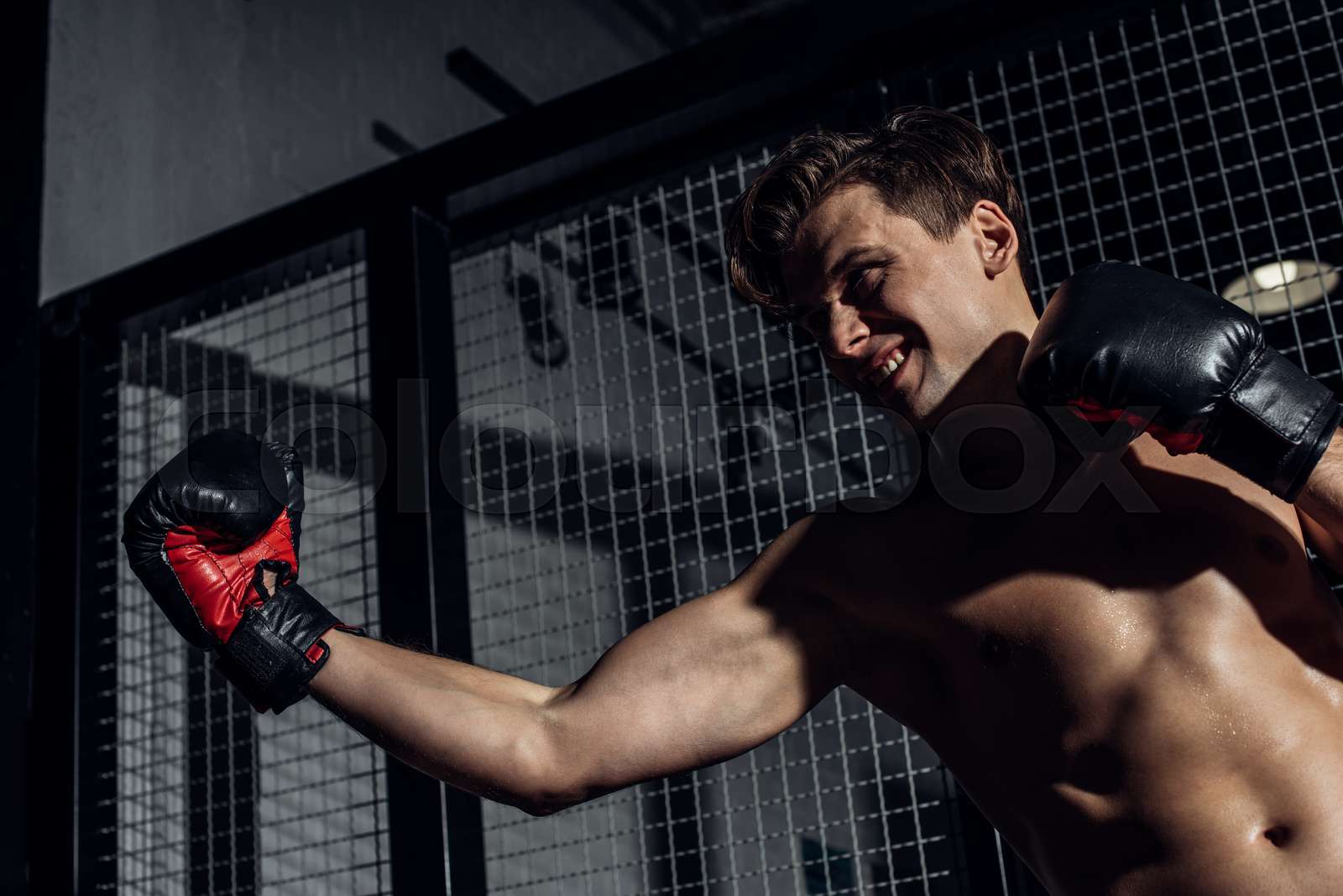 Handsome boxer in black boxing gloves training with smile | Stock image ...