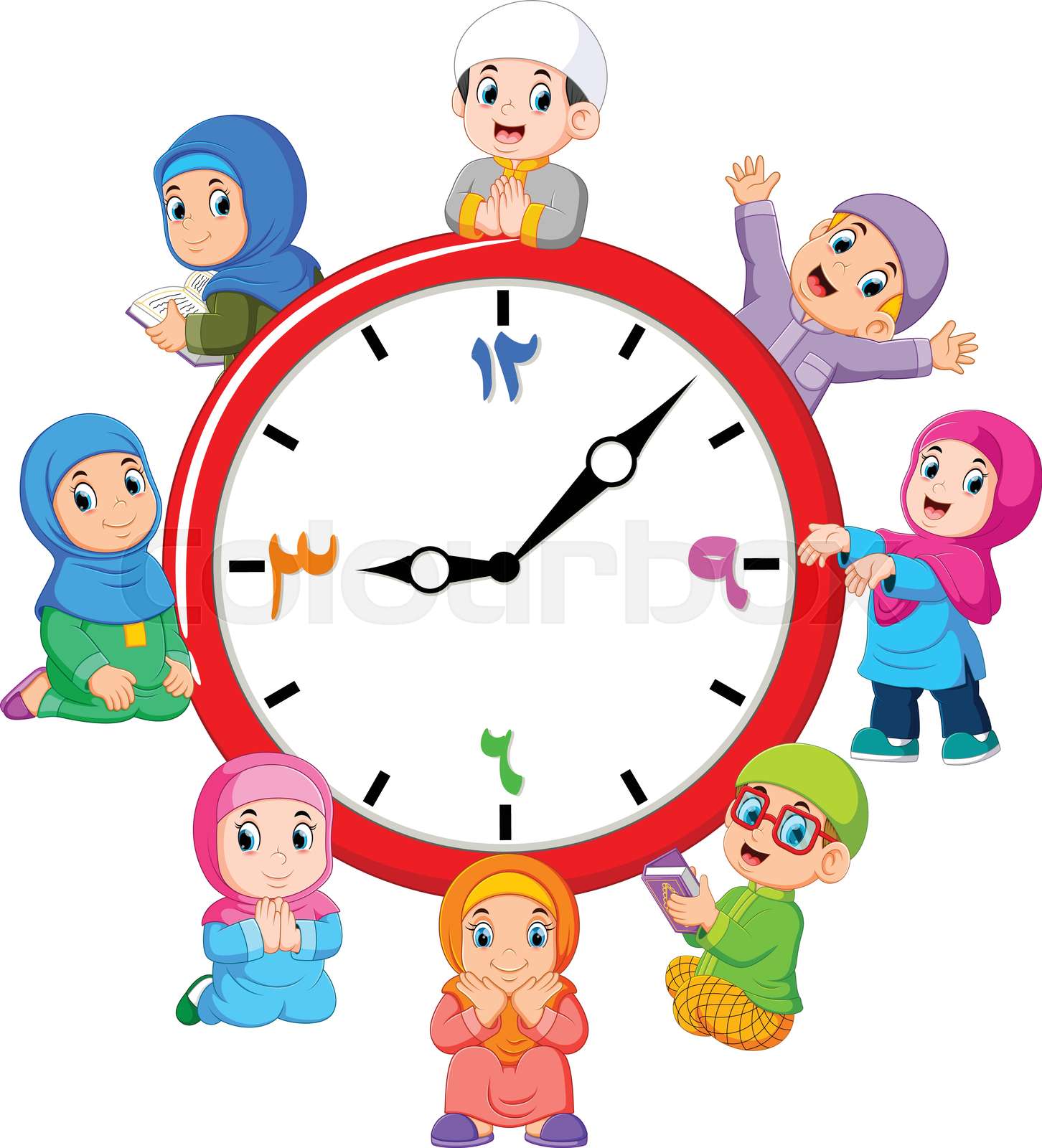 the clock with the children around the it | Stock vector | Colourbox