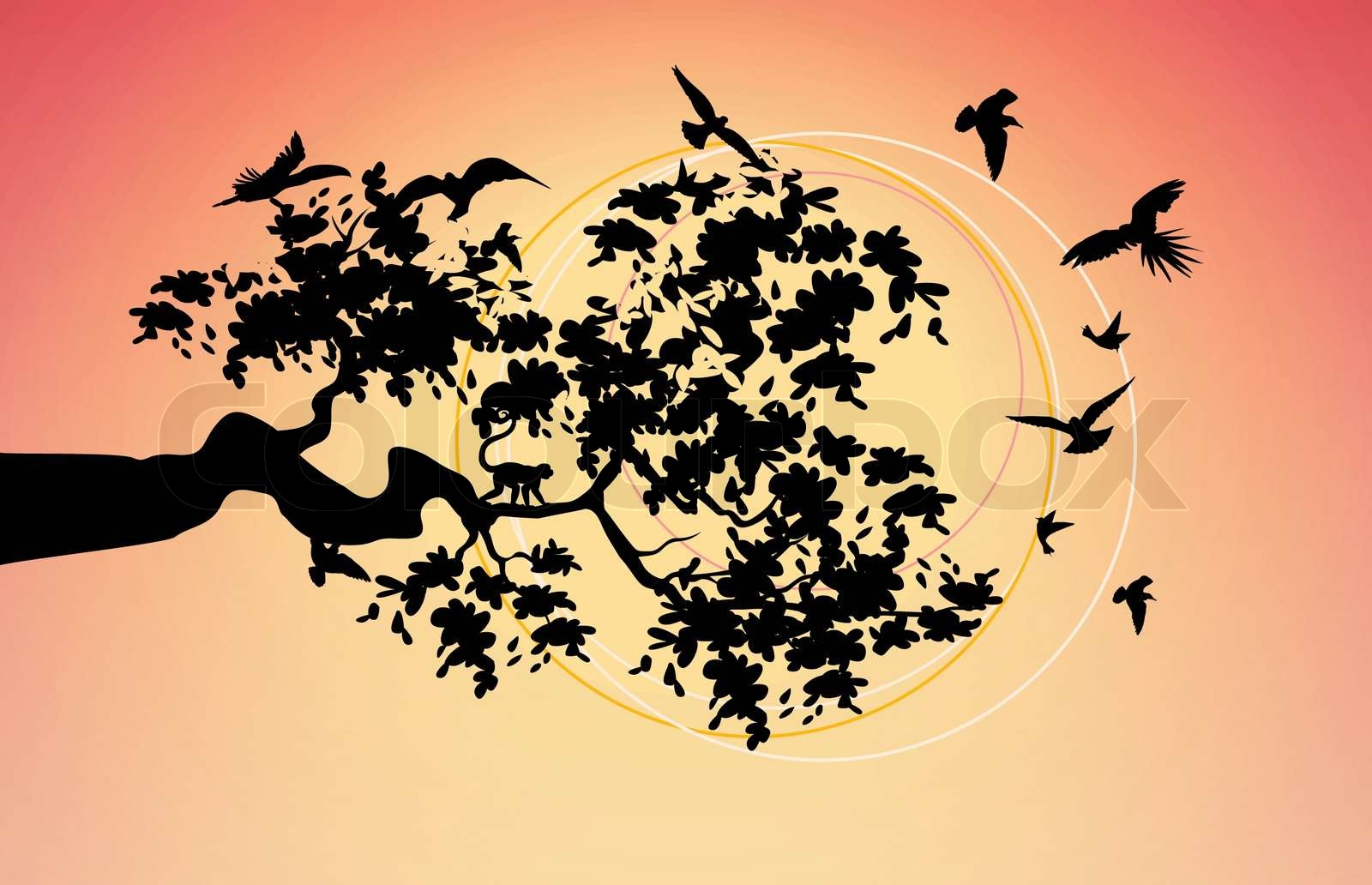 beautiful picture with the birds flying around the tree branches ...