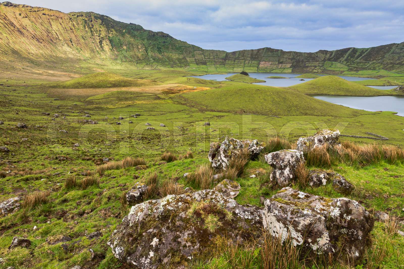 Volcanic crater (Caldeirao) with a beautiful lake on the top of Corvo ...