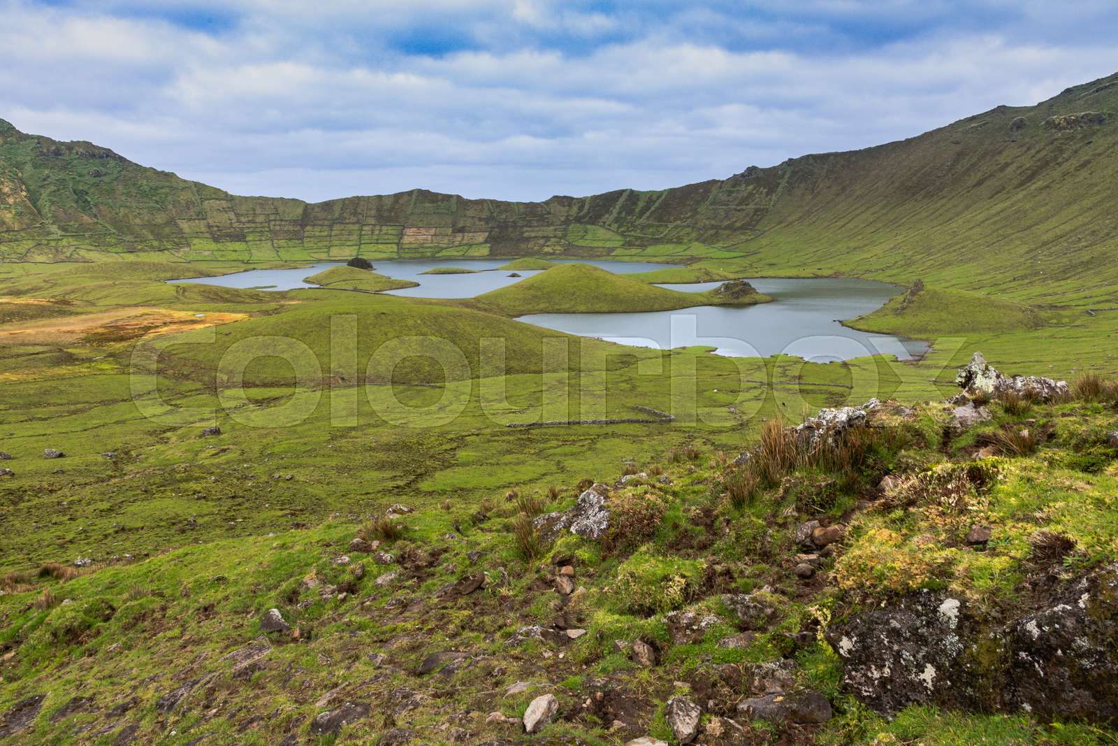 Volcanic crater (Caldeirao) with a beautiful lake on the top of Corvo ...