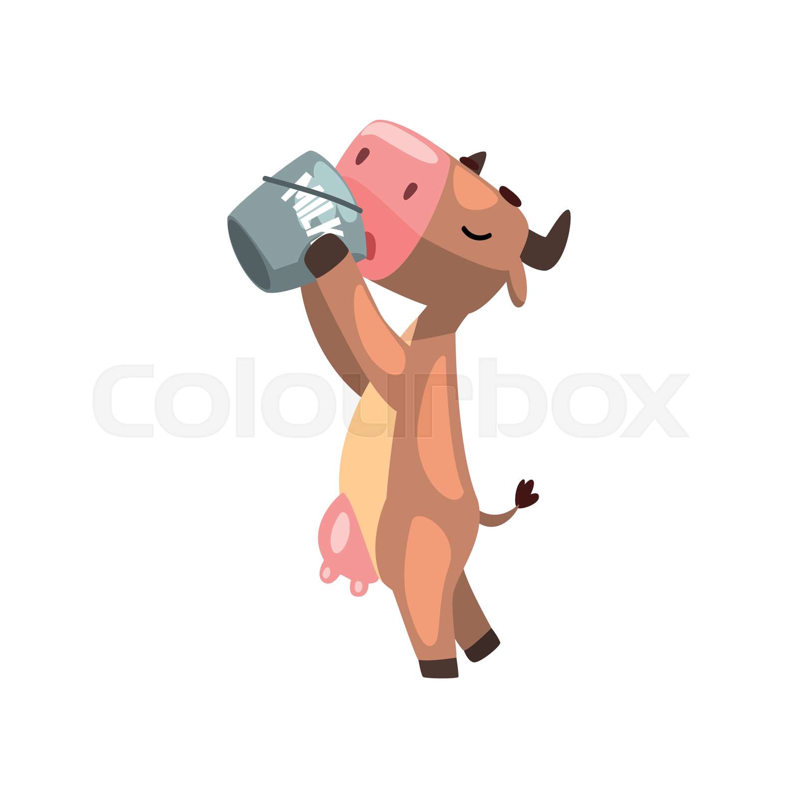 Funny brown cow drinking milk from a bucket, farm animal cartoon ...