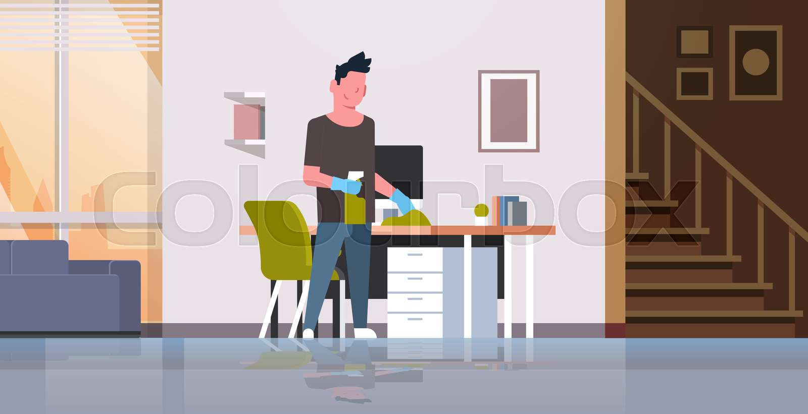 man cleaning computer table with duster guy wiping workplace desk ...