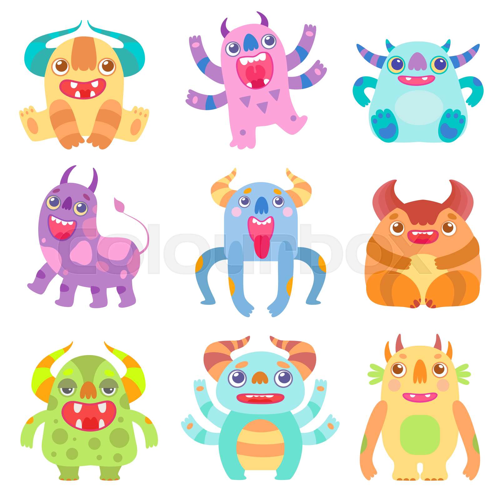 Cute Friendly Monsters with Horns, Friendly Funny Aliens Cartoon ...