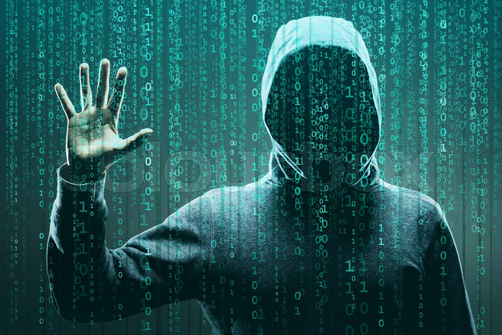 Computer hacker in mask and hoodie over abstract binary background. Obscured dark face. Data ...