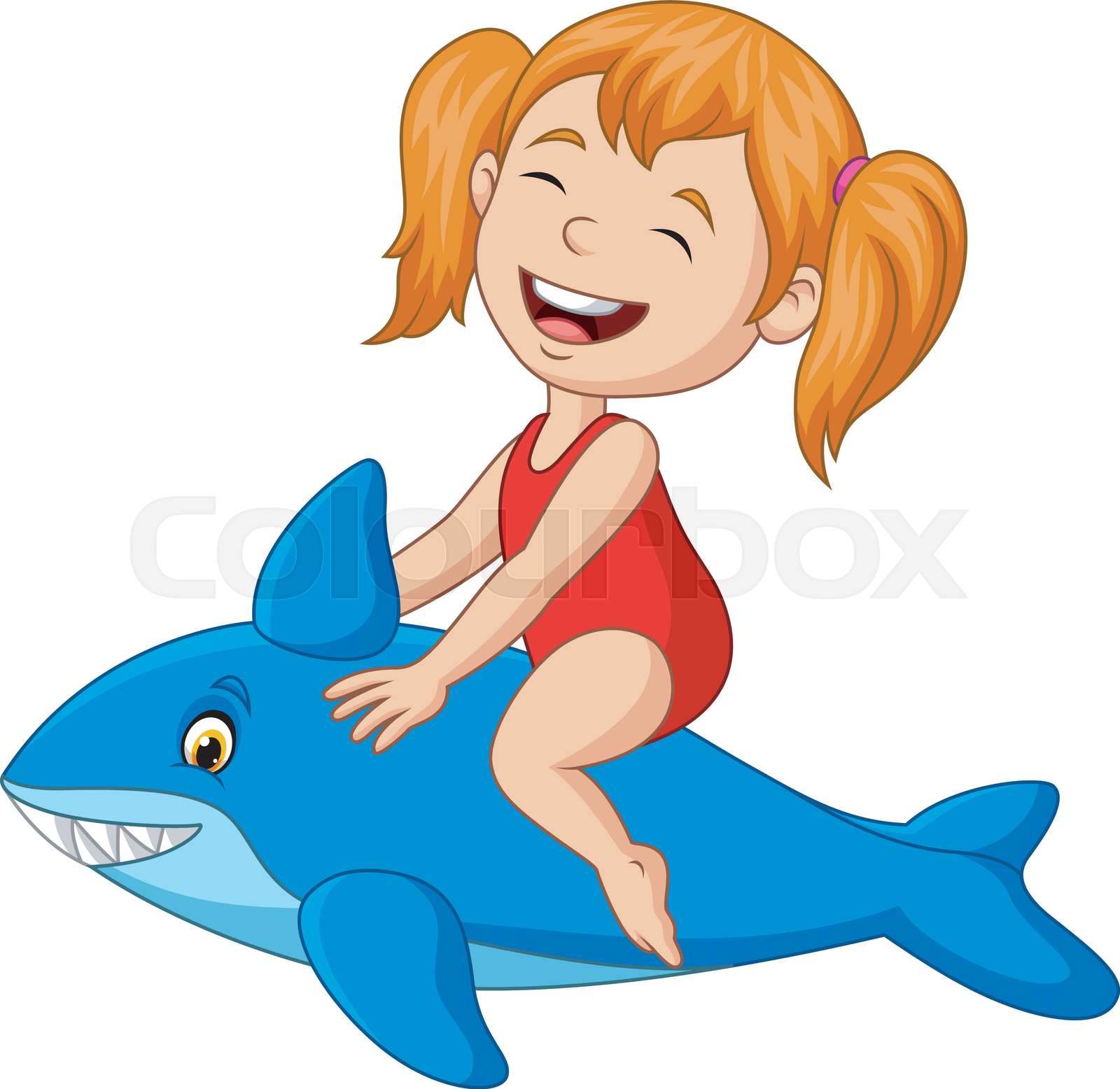 Cartoon little girl riding inflatable shark | Stock vector | Colourbox