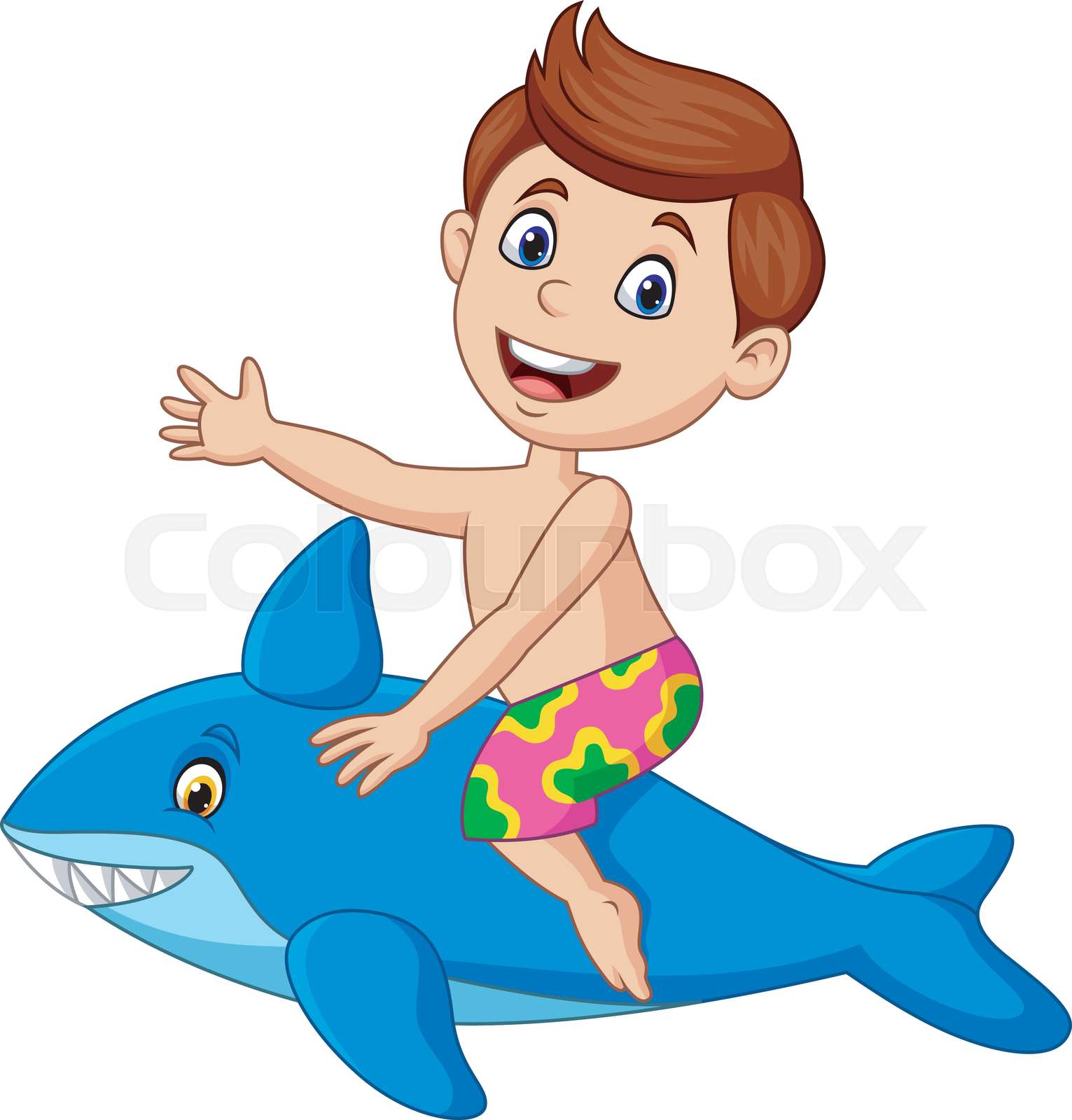 Cartoon little boy riding a inflatable shark | Stock vector | Colourbox