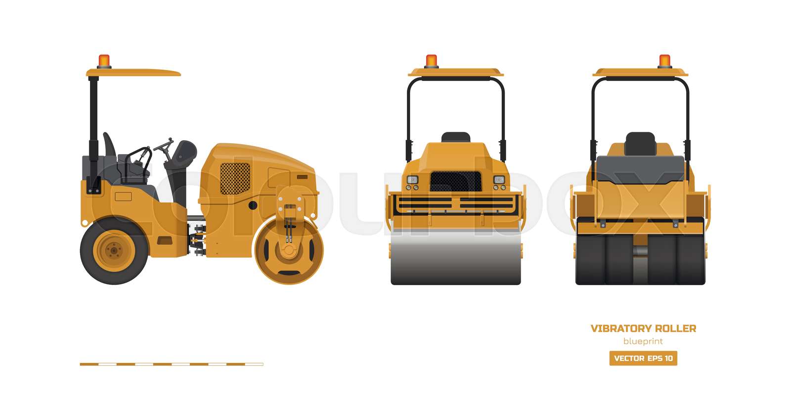 Vibratory roller in realistic style. Side, back and front view ...