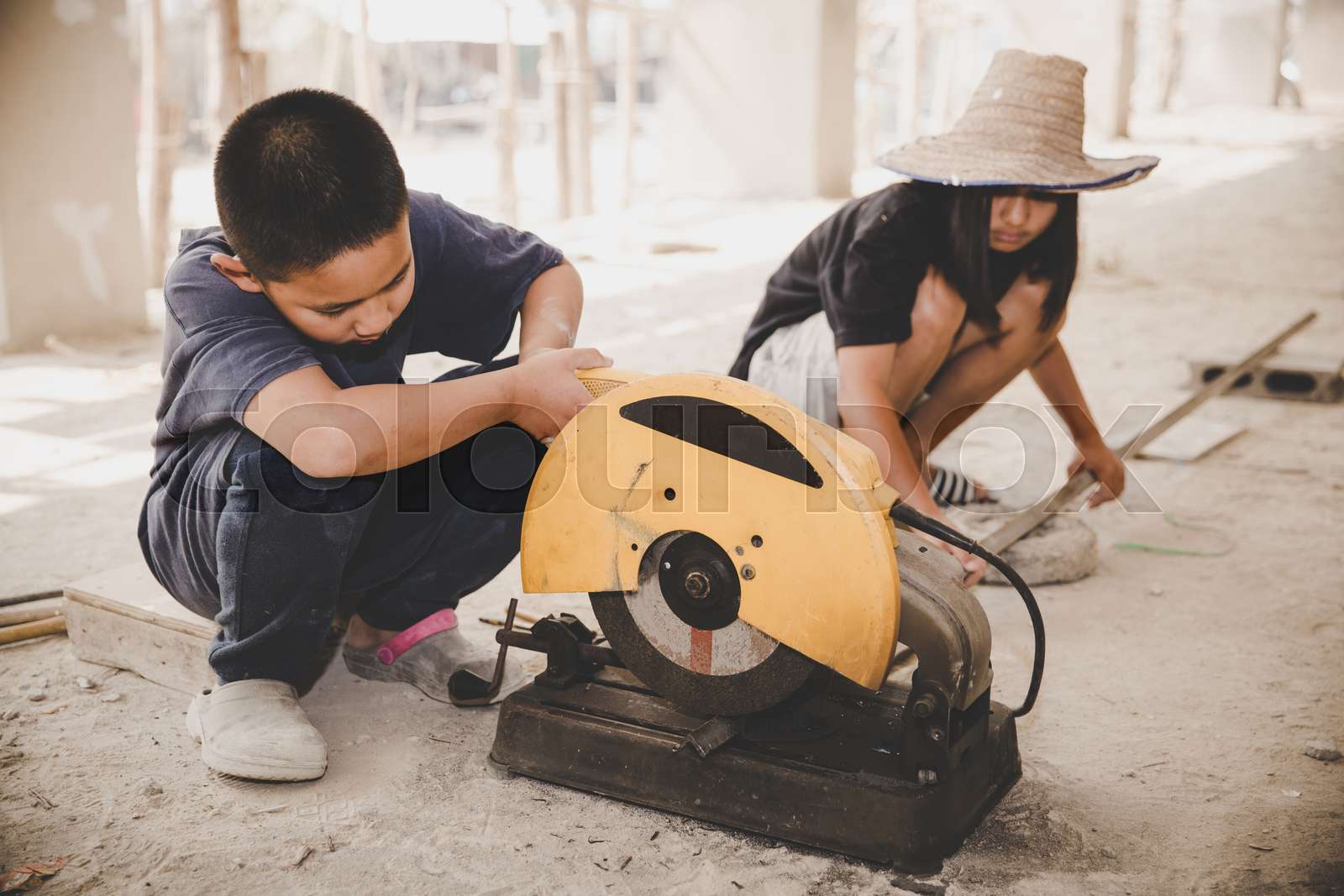 Little boys and girls labor working in commercial building structure, World Day Against Child ...