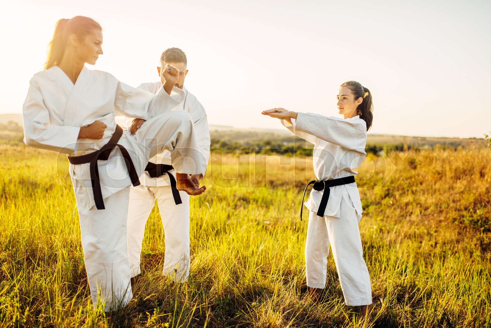 Master teaches karate fighters the correct stand | Stock image | Colourbox